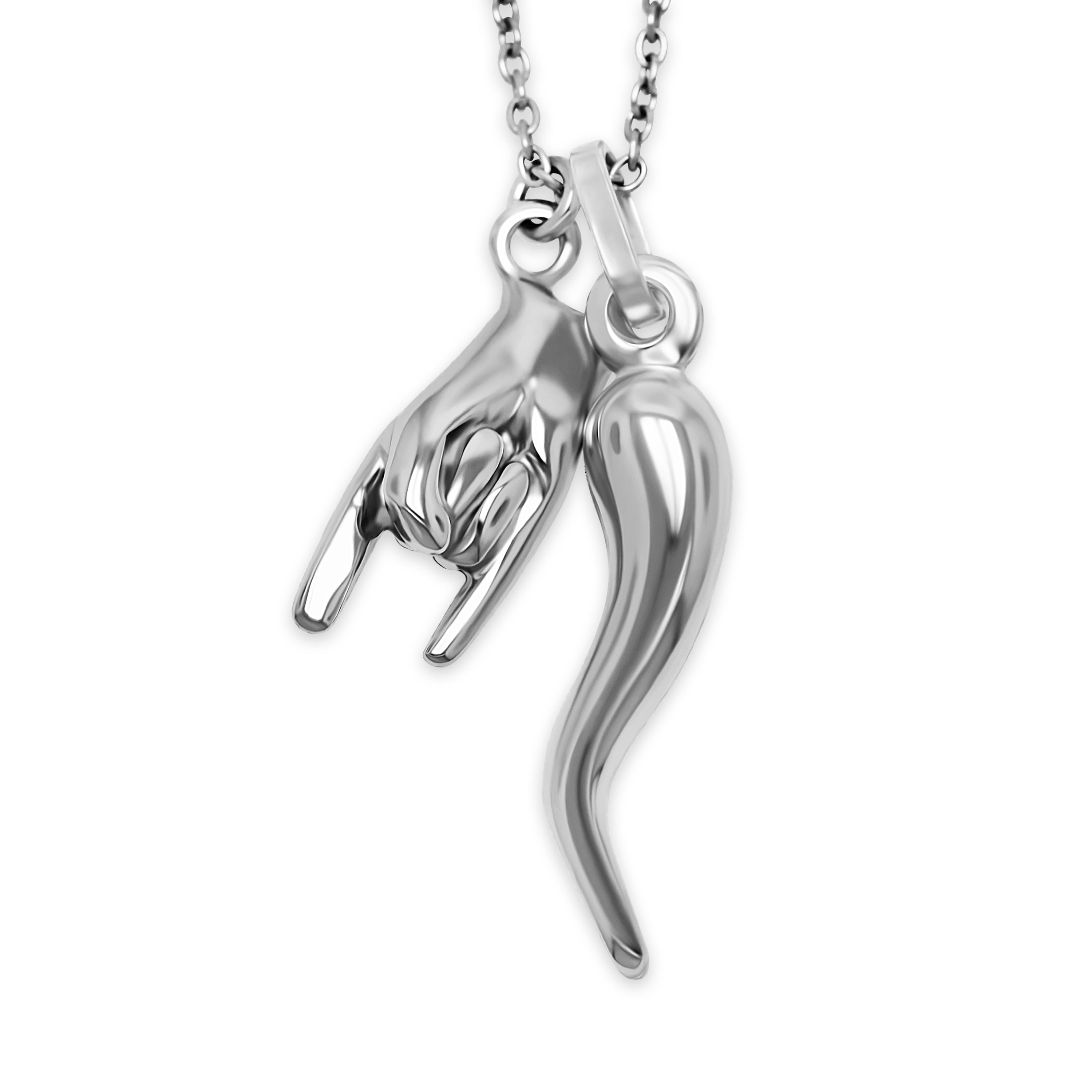 Silver Italian Horn with Hand Sign Pendant - 925 Sterling Silver - 3D ...