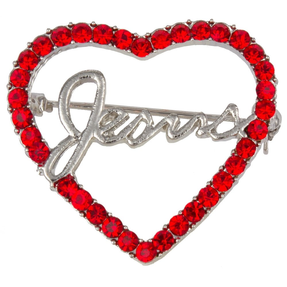 Silver Jesus Red Rhinestone Heart Pin Brooch - Walmart.com