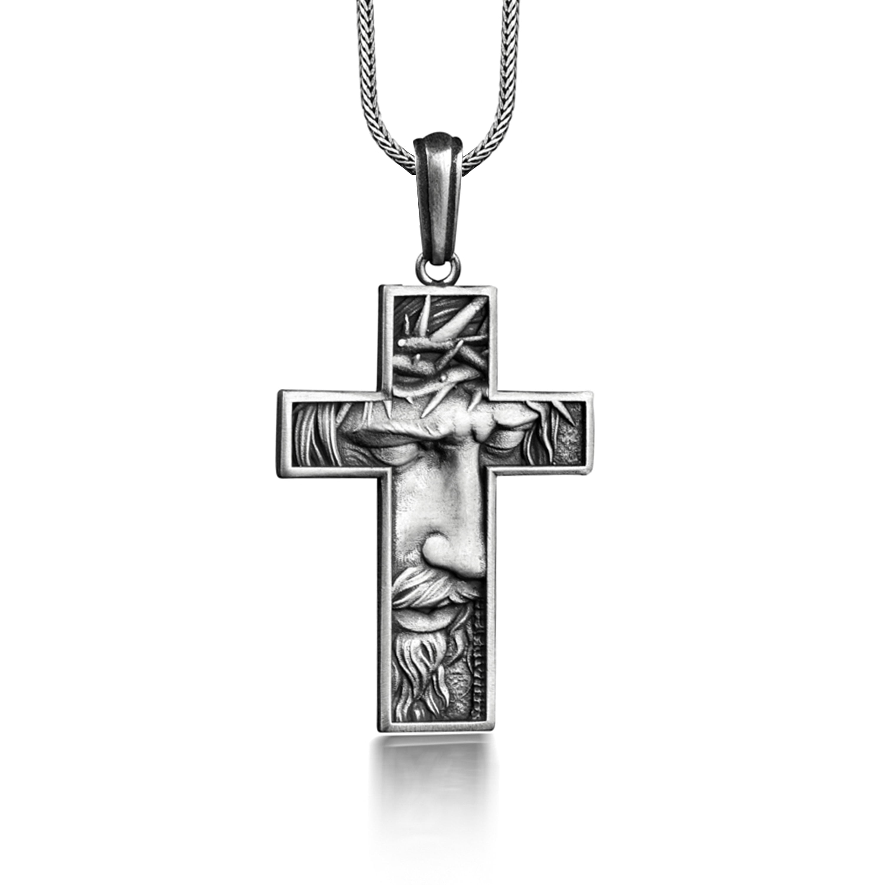 Silver Jesus with Crown of Thorns in Cross Necklace for Men, Engraved ...