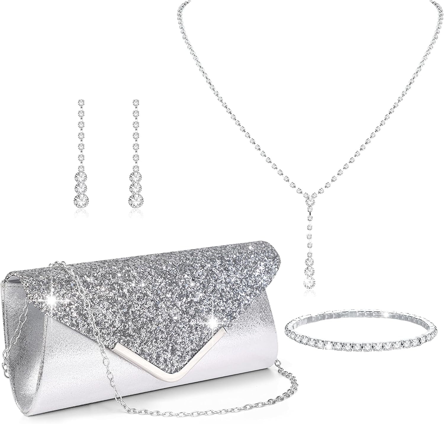 Silver Jewelry Set For Women Evening Rhinestone Clutch Purse Bag ...