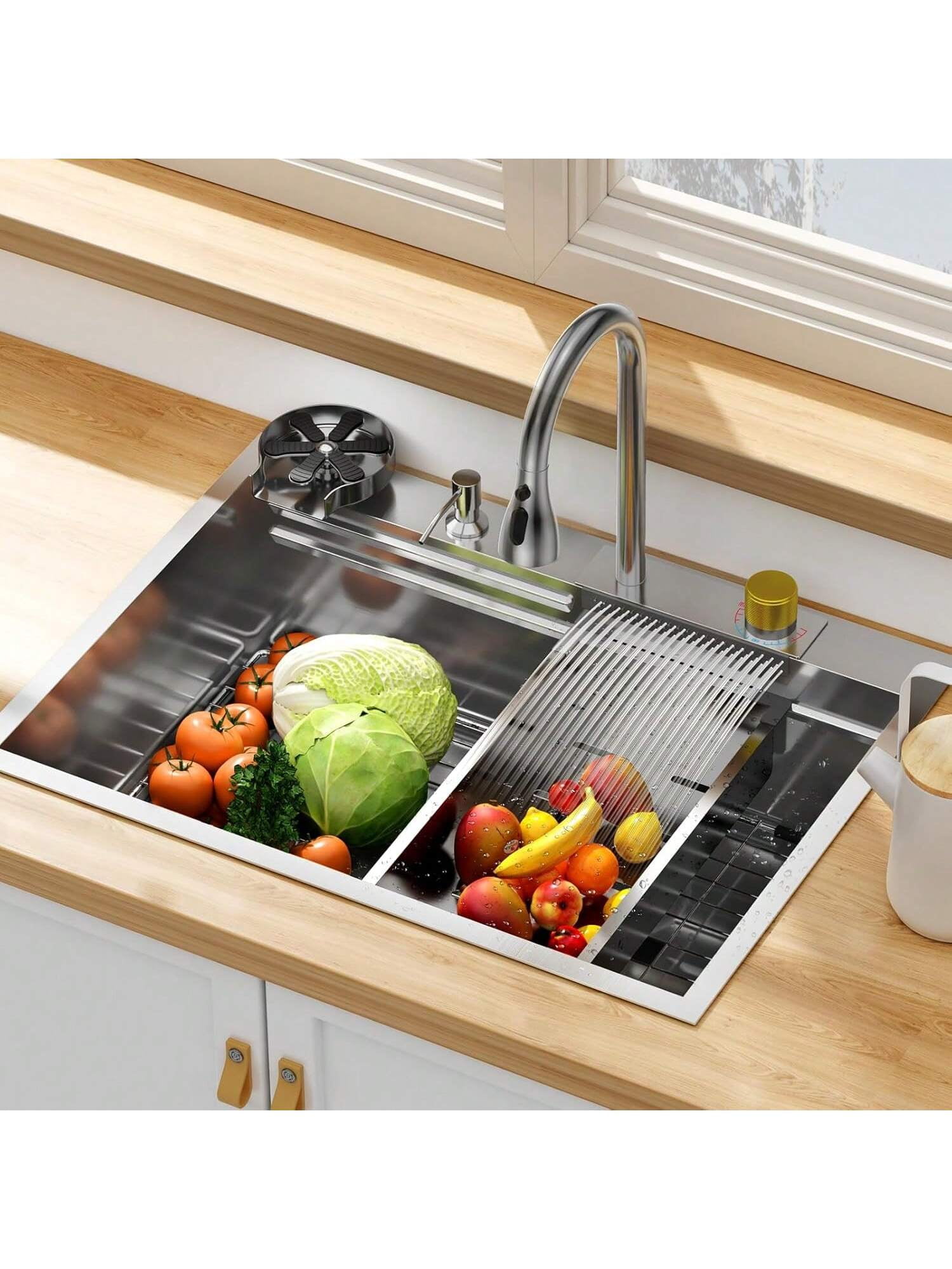 Silver Kitchen Sink, 30 Inch Brushed Nickel Waterfall Kitchen Sink Set ...