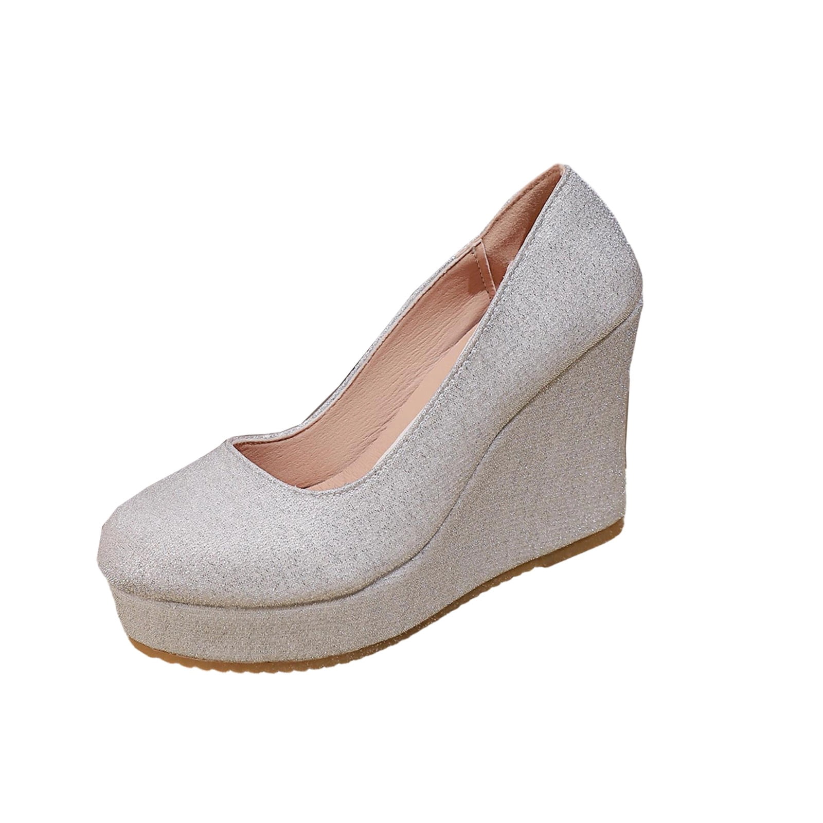 Silver Ladies Spring High Heel Shoes Solid Color Round Toe Low Block ...