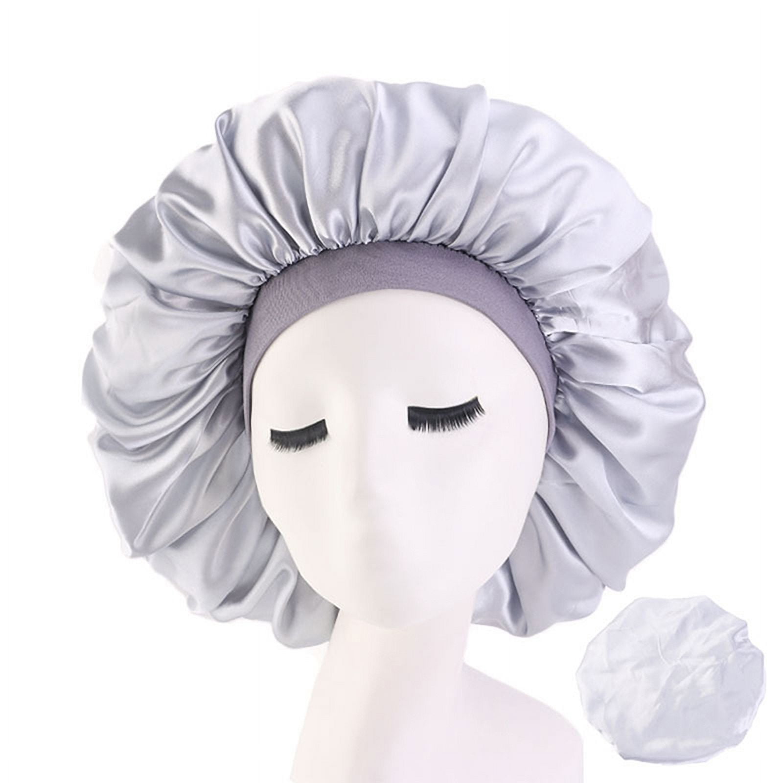 (Silver) Large Night Sleeping Cap Hair Bonnet Hat Head Cover Satin Wide ...