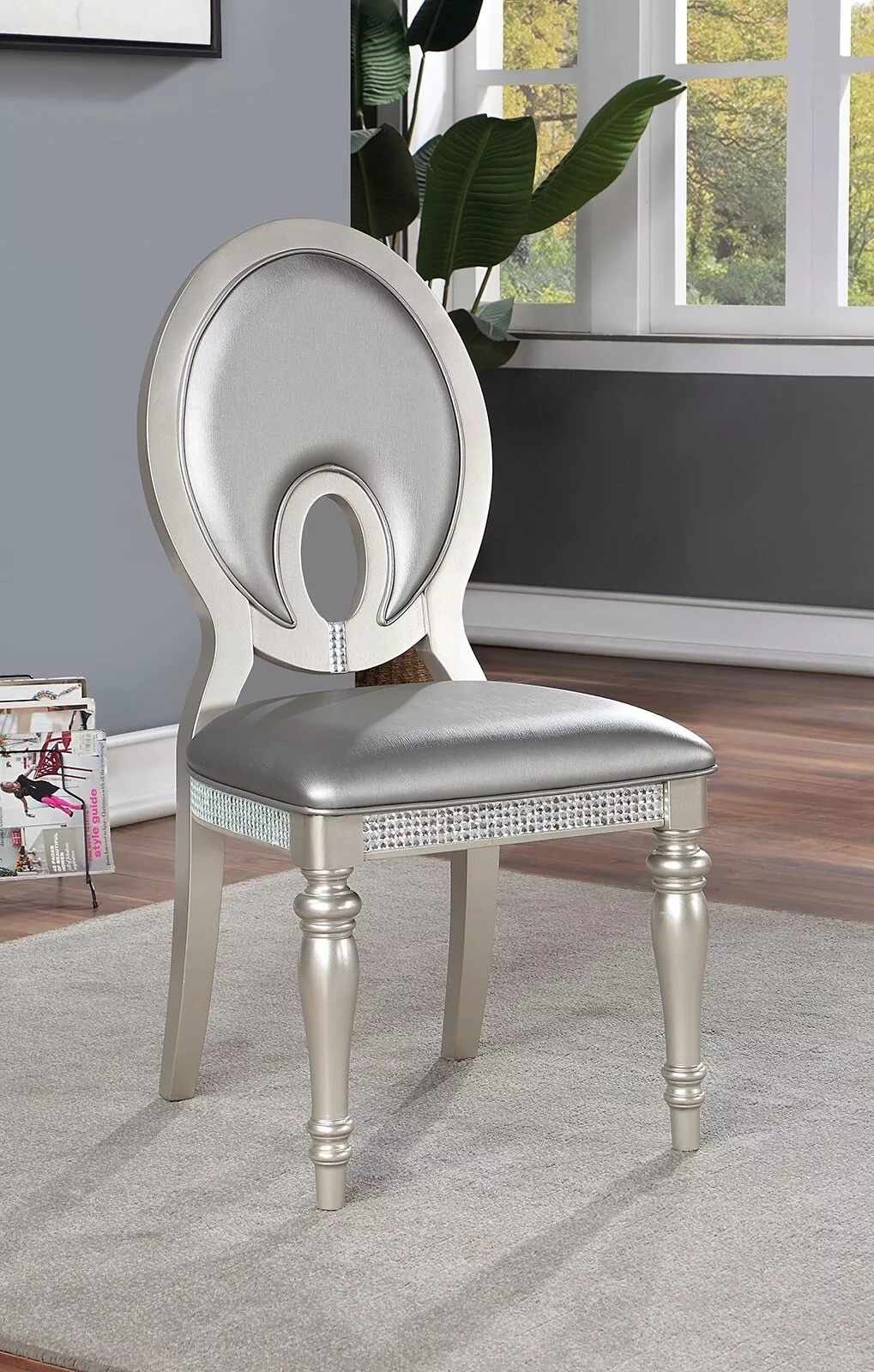 Silver Leatherette Upholstered Dining Chairs Keyhole Back Set of 2pc ...