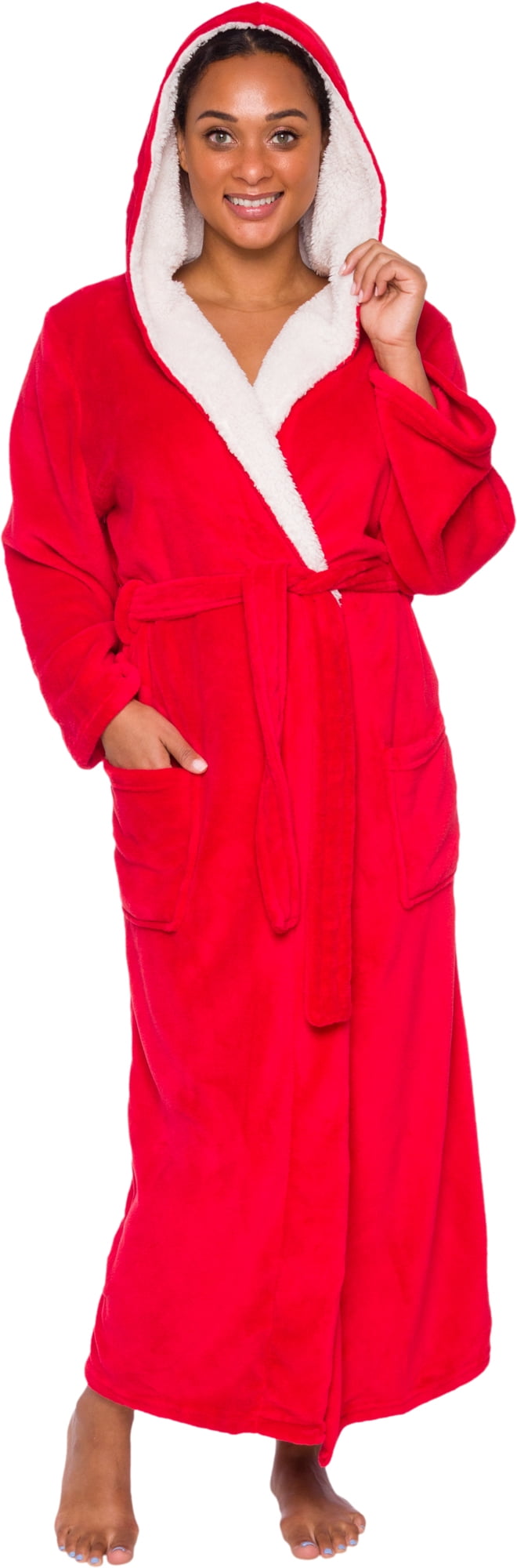 Silver Lilly Womens Sherpa Trim Fleece Robe with Hood - Full Length Warm Plush Luxury Bathrobe ...