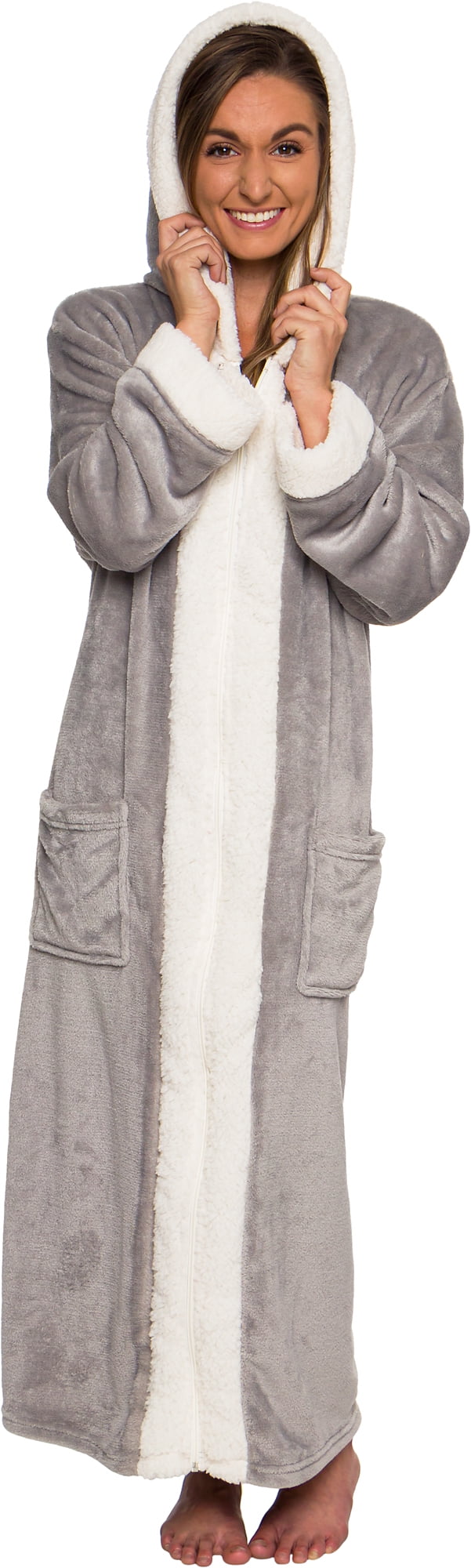 Silver Lilly Womens Zippered Sherpa Trim Fleece Robe with Hood - Warm Plush Luxury Bathrobe ...