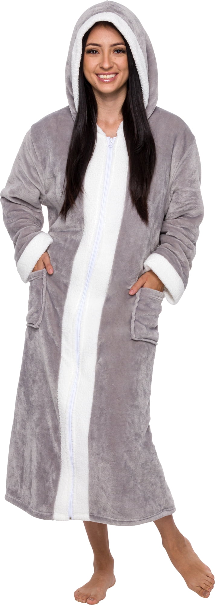 Silver Lily Womens Zippered Sherpa Lined Fleece Robe Full Length - Warm Plush Luxury Bathrobe ...