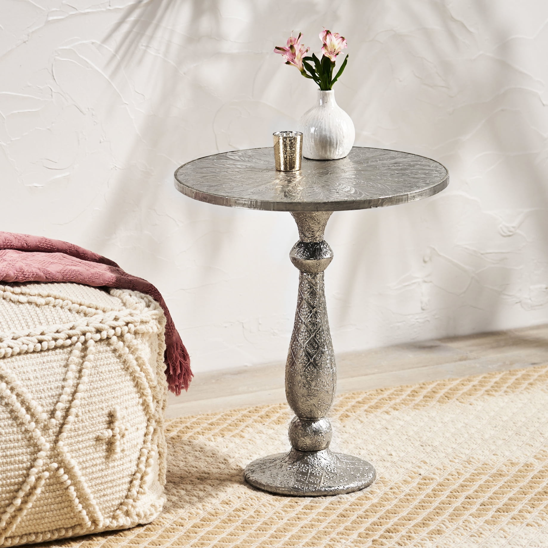 Silver MDF Table - Floral Engraved And Turned Base - Foyer Decor ...