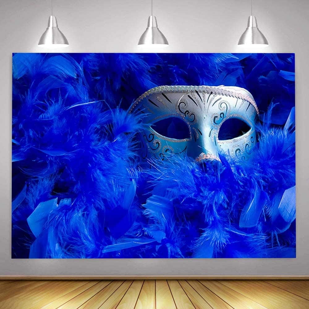Silver Mask Blue Feather Backdrop 7x5ft Masquerade Party Dress-up Rave ...