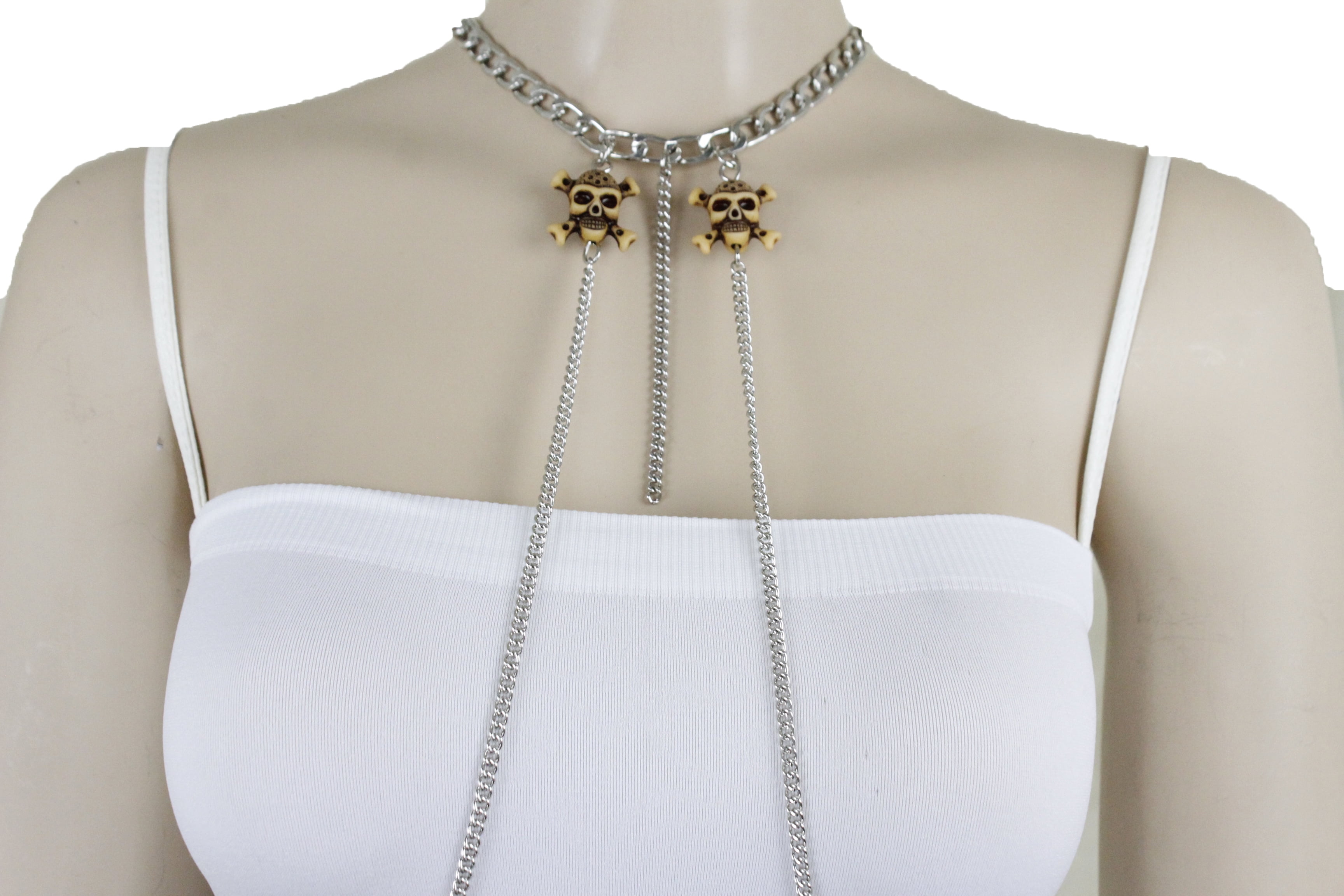 Silver Metal Body Chain Long Harness Necklace Rocker Skull Charms ...