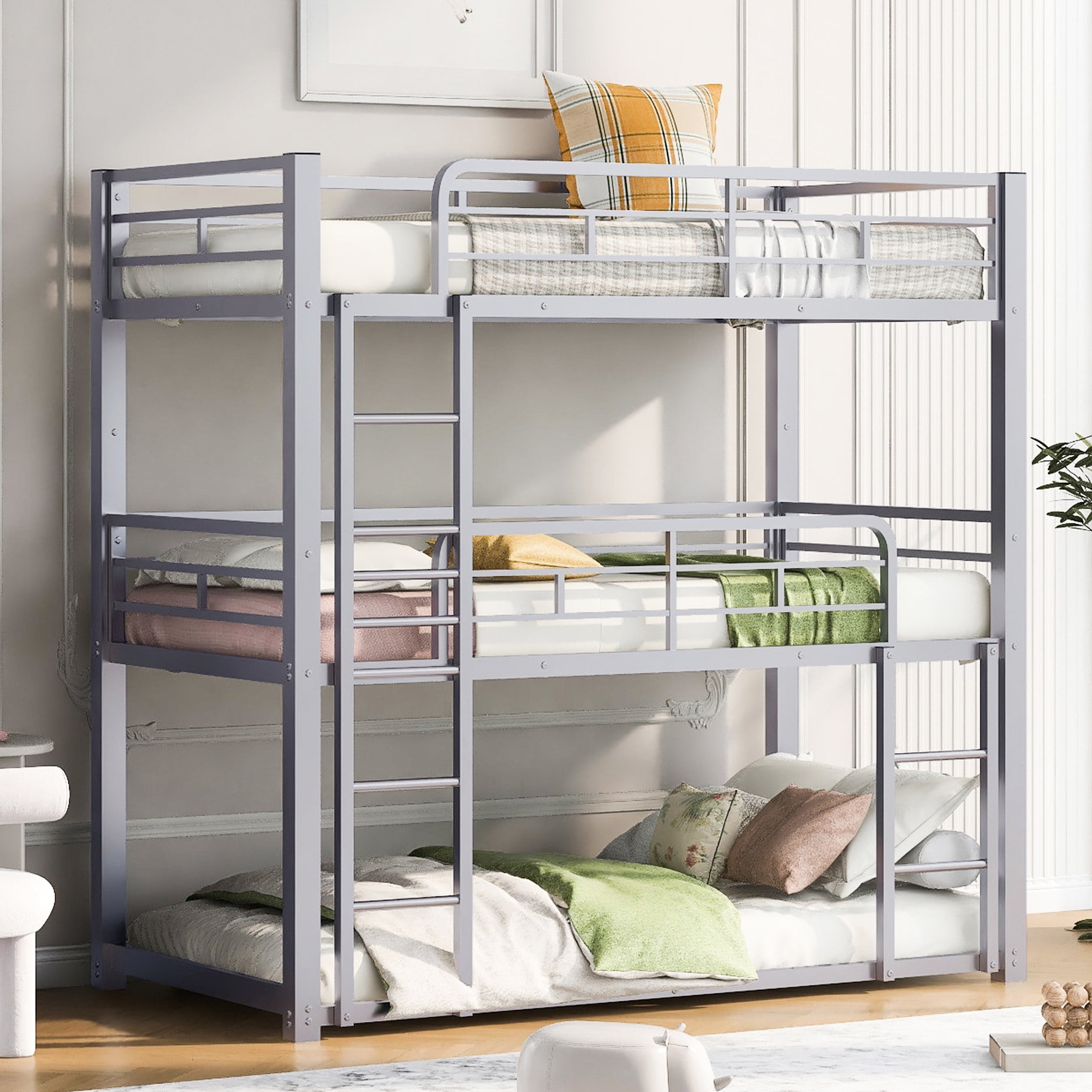 Silver Metal Bunk Bed (Twin Triple) - Stacked for Space - Walmart.com