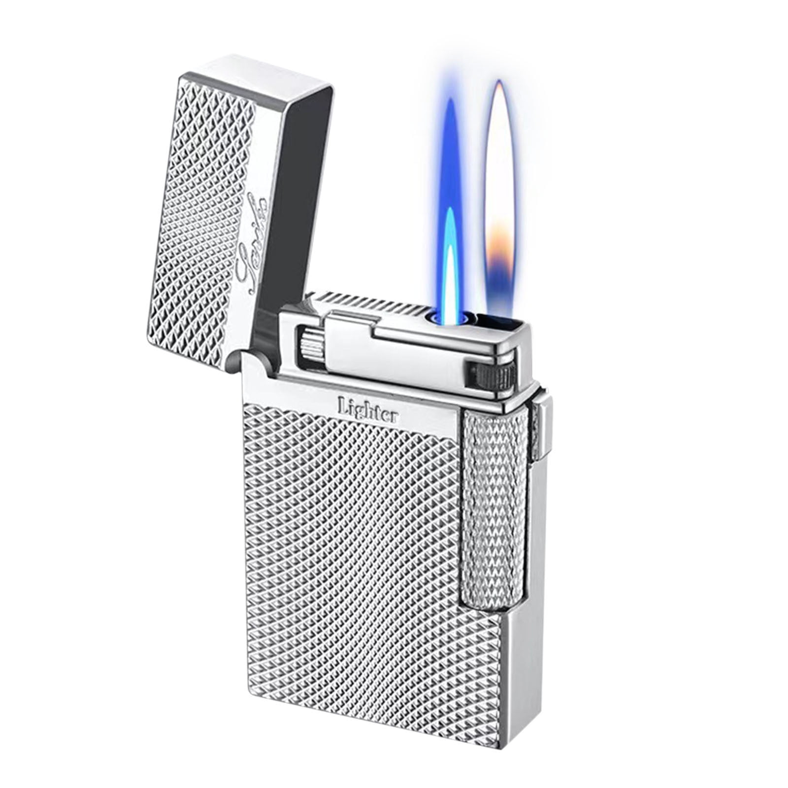 Silver Metal Inflatable Diamond Pattern Dual Flame Lighter With Sliding ...