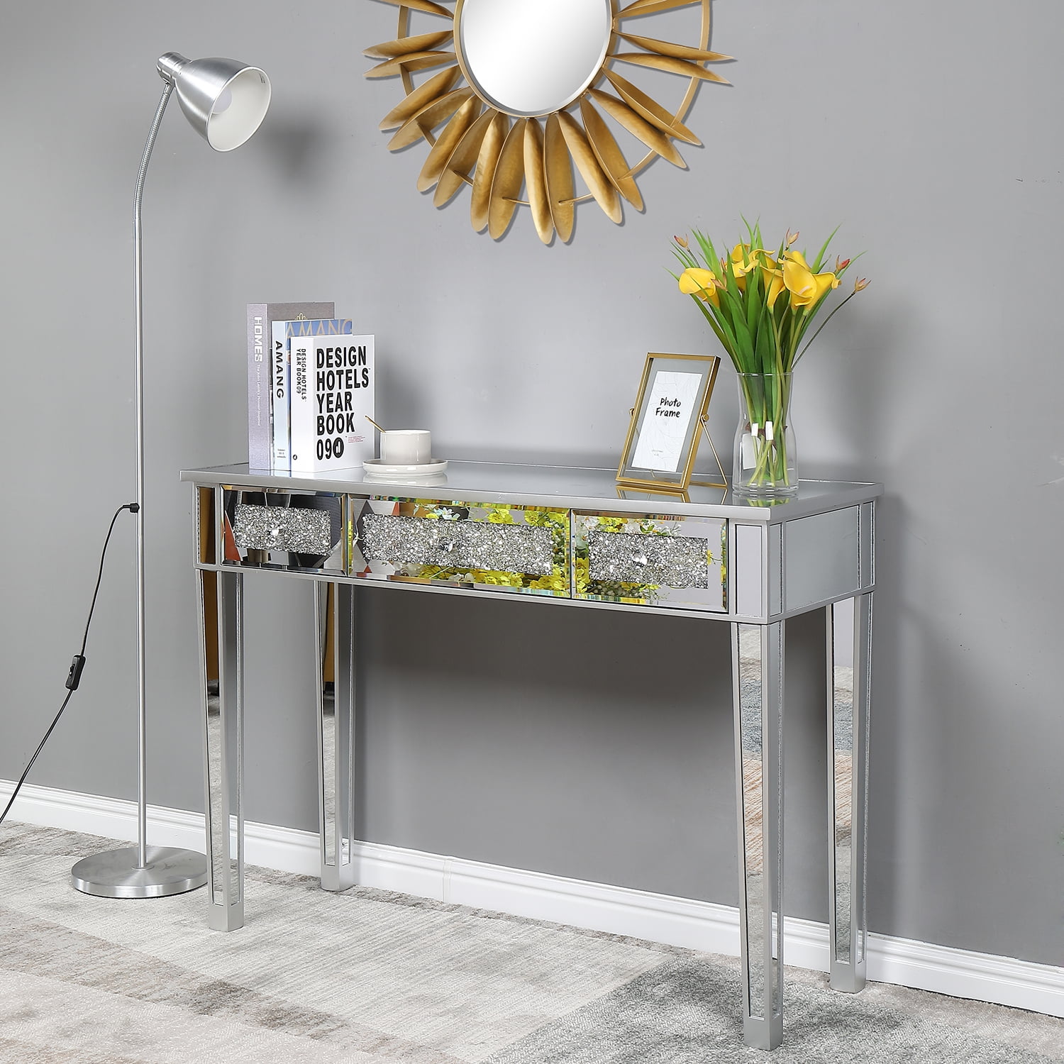 Silver Mirror Computer Desk with Broken Glass Surface and 3 Drawers for ...