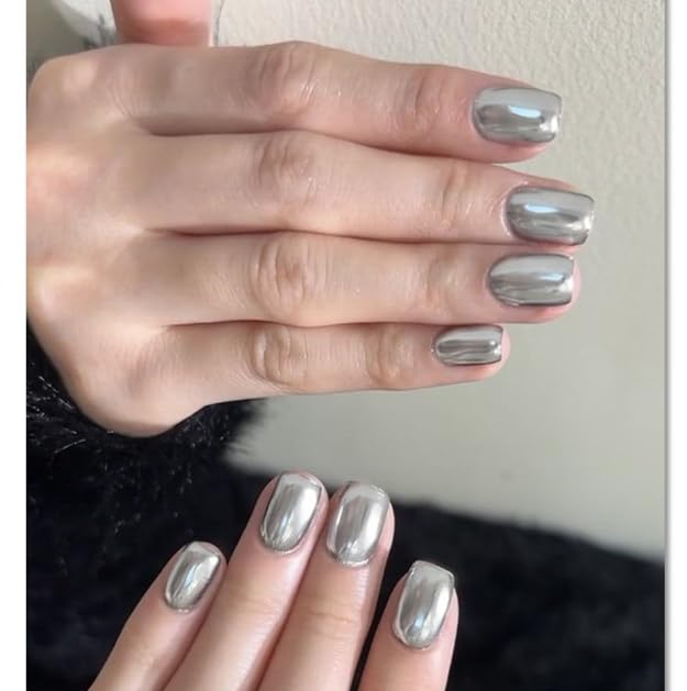 Silver Mirror Metallic Stiletto Press on Nails Square Short,Chrome Fake ...