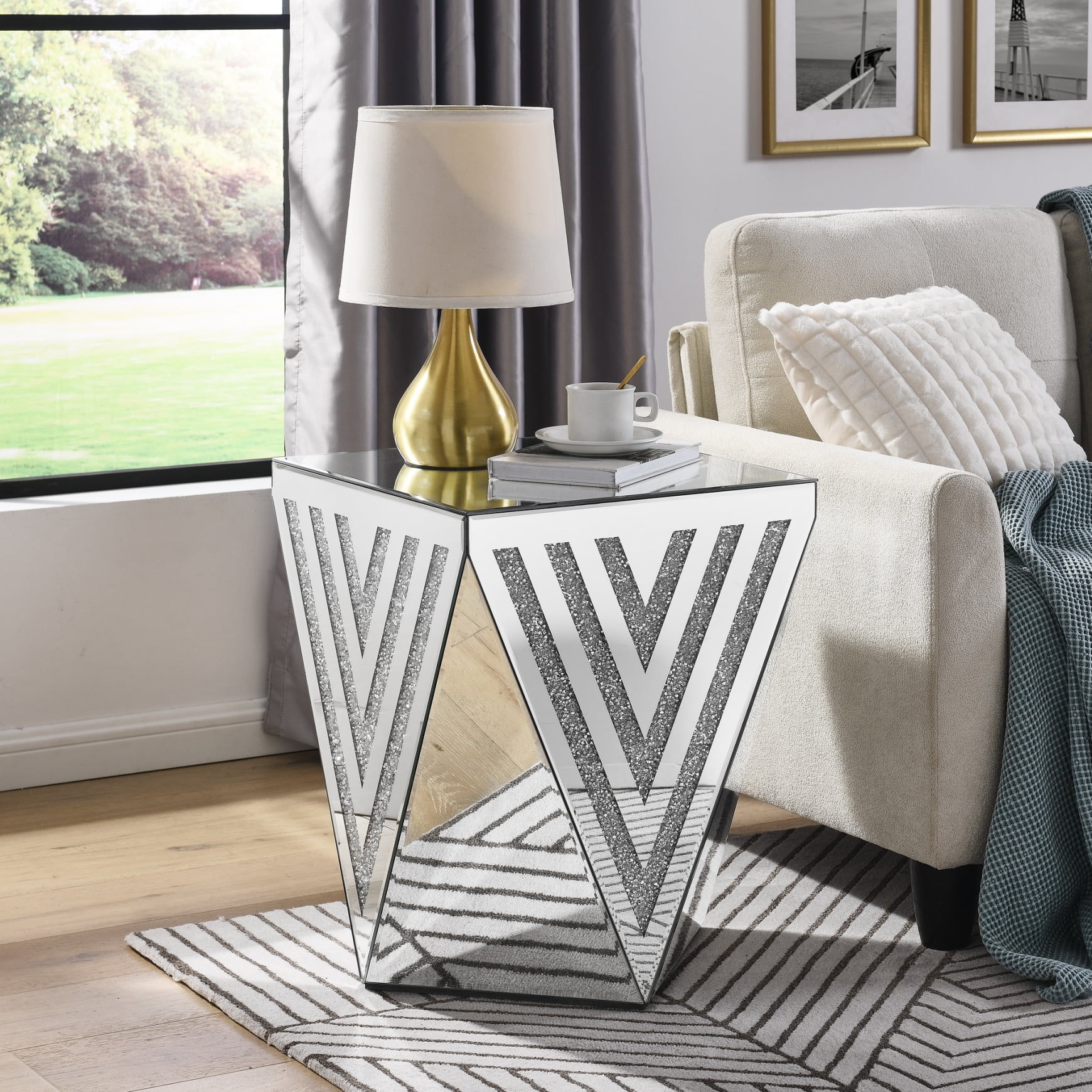 Silver Mirror Side Table with Crystal-Edge Accents, Full-Mirror Surface ...