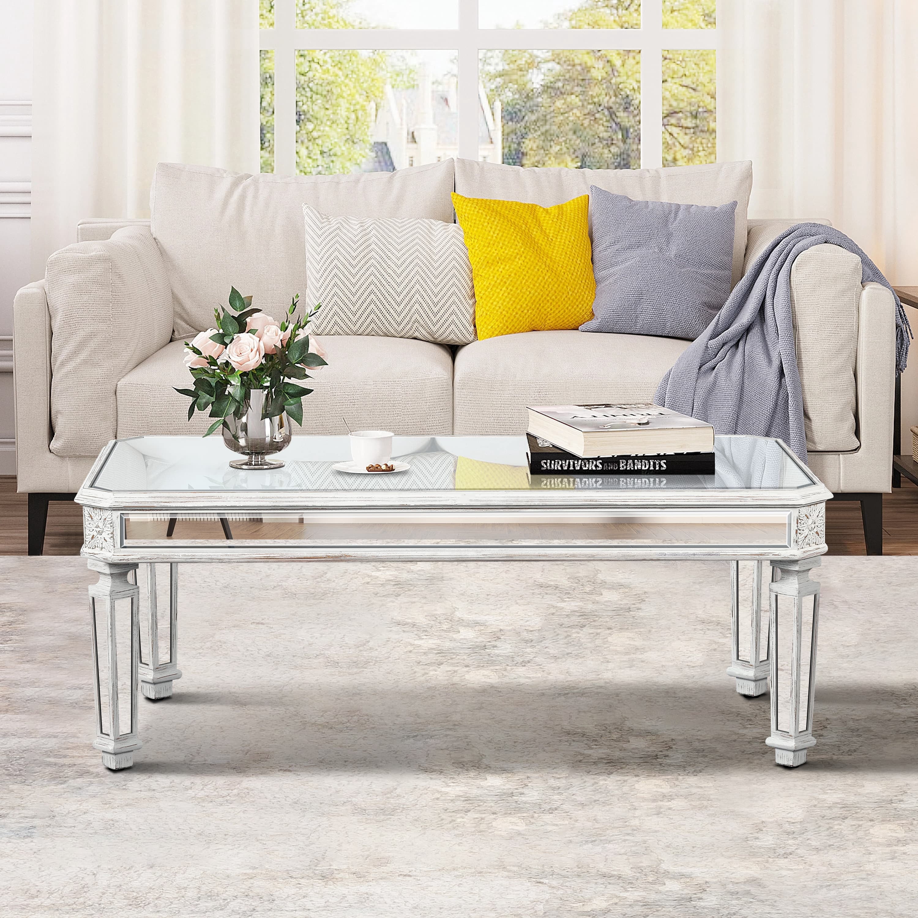 Silver Mirrored Coffee Table, Vintage Carved Elements, Rectangle Glass ...