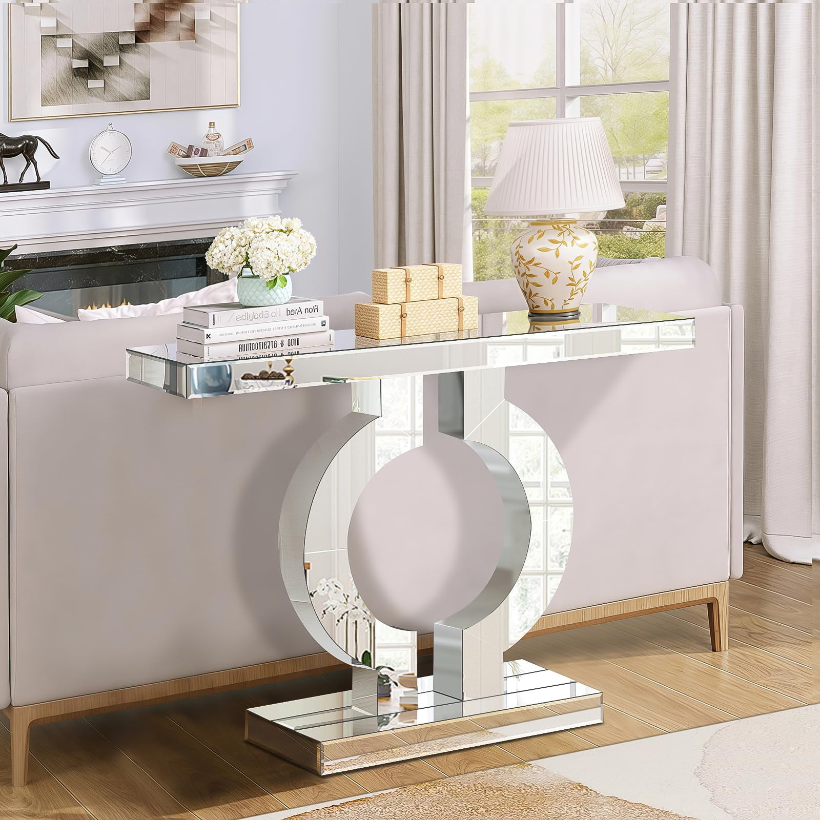 Silver Mirrored Console Table, 39.4'' Long Glass Entryway Sofa Table, O-Shaped Base Modern ...