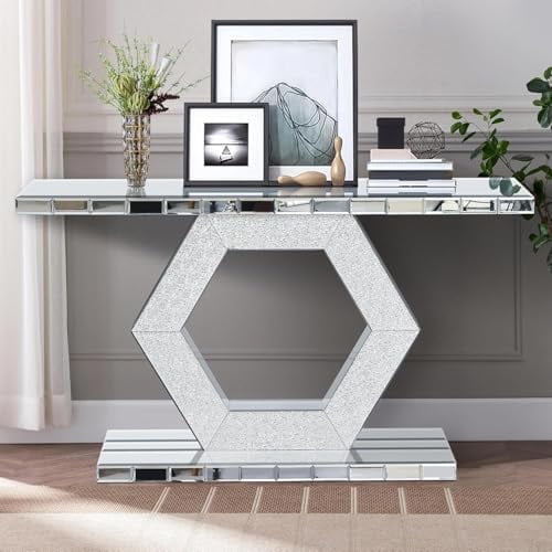 Silver Mirrored Console Table, 55 Inch Modern Entryway Table with Sparkling Crystal Hexagon Base ...
