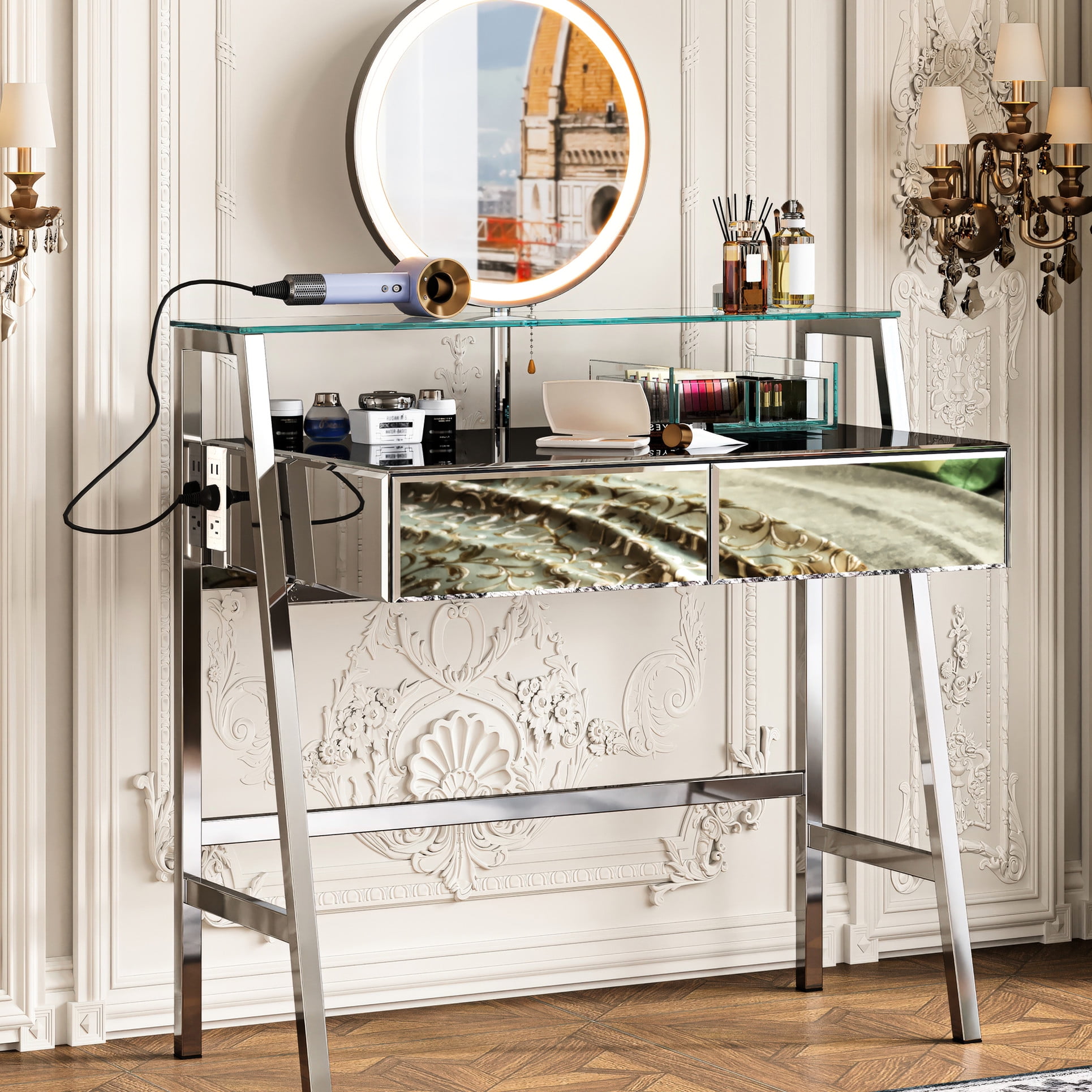 Silver Mirrored Dressing Vanity For Bedroom With Lights & Mirror, 2 Big ...