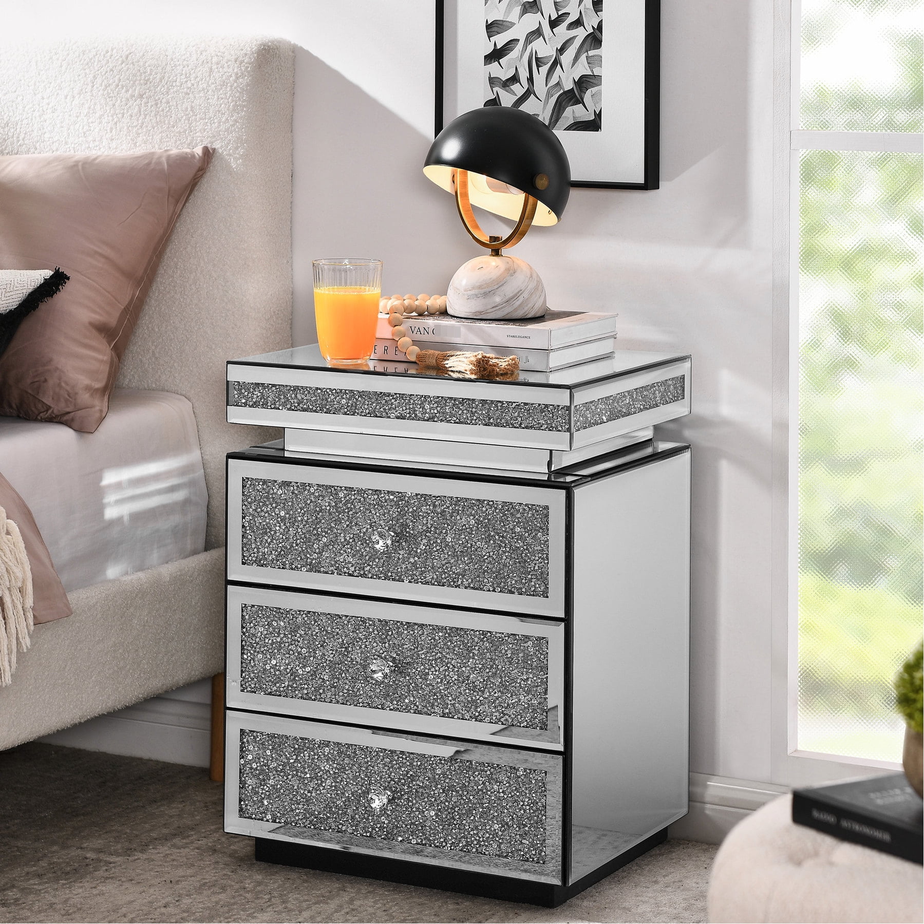 Silver Mirrored Nightstand - Geometric Design for Modern Spaces ...