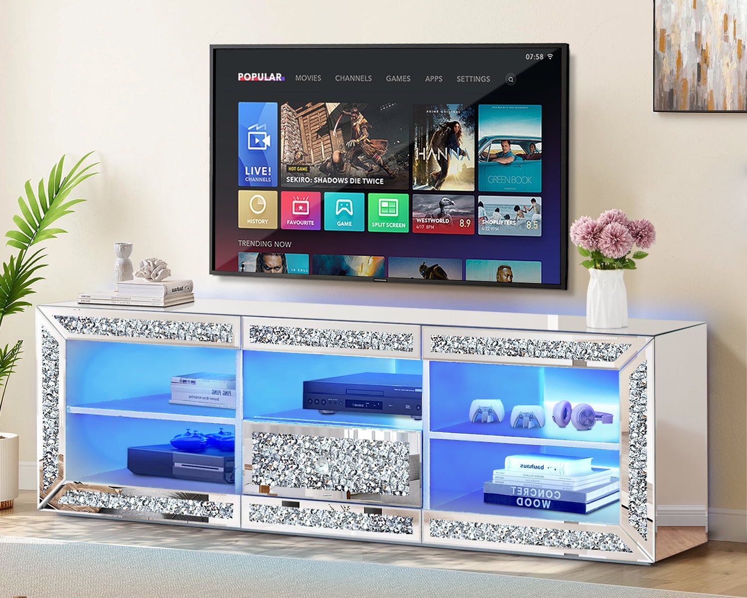 Silver Mirrored TV Stand with LED Lights, Low TV Console Table with ...