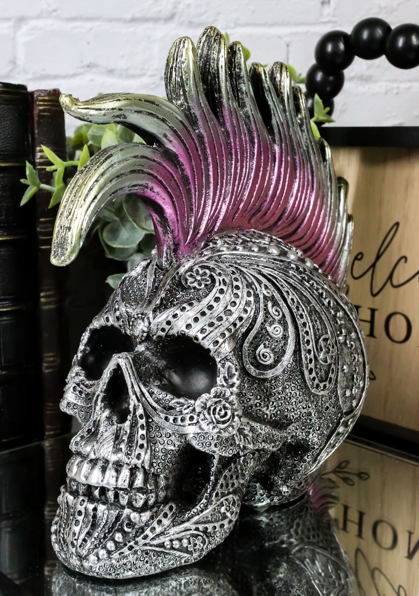 Silver Mohawk Purple Punk Haired Skull In Tooled Peacock Feathers ...