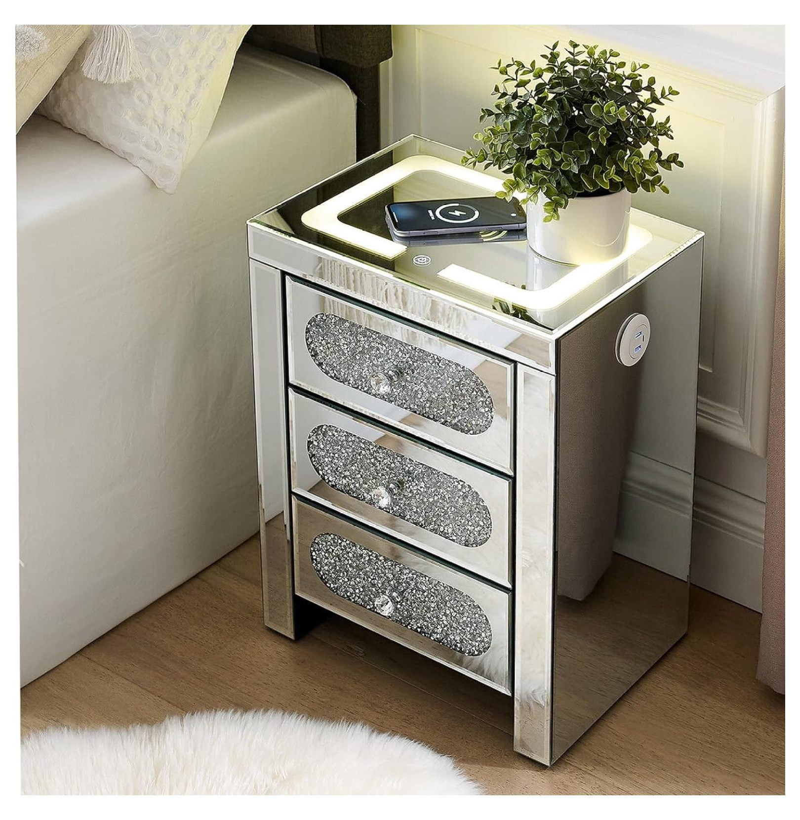 Silver Nightstand, Mirrored End Table with Wireless/USB/Type C Charging ...