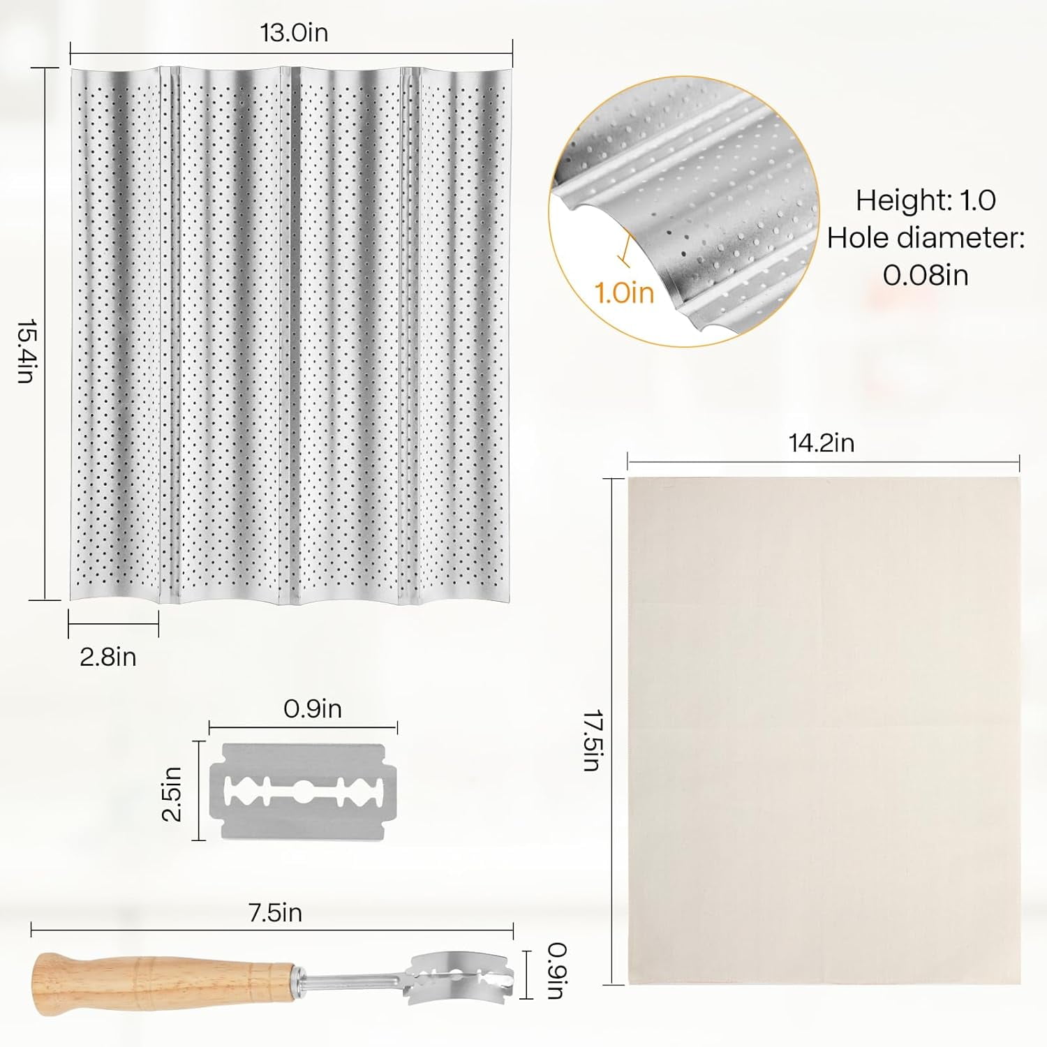 Silver Non-Stick Baguette Baking Kit with Proofing Cloth and Bread Lame ...