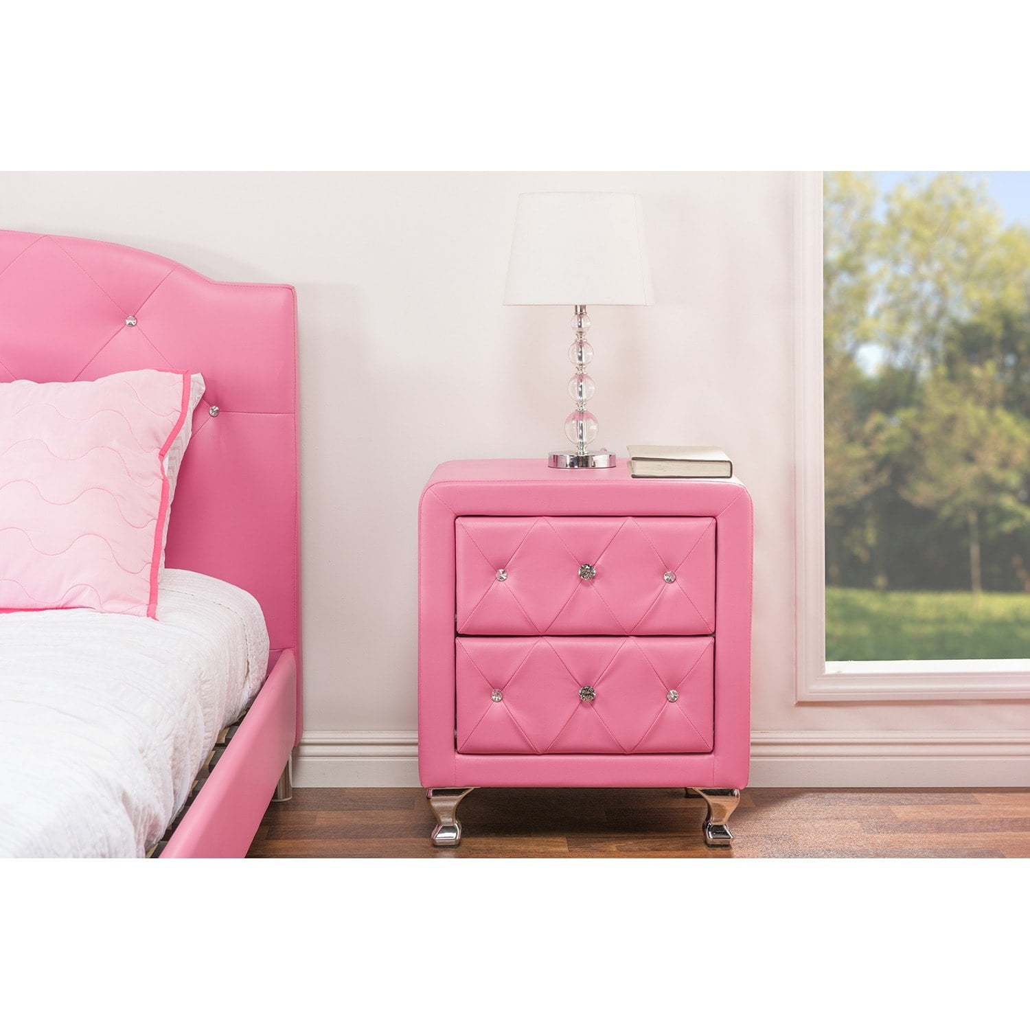 Silver Orchid Heston Crystal Tufted Pink Upholstered Nightstand ...