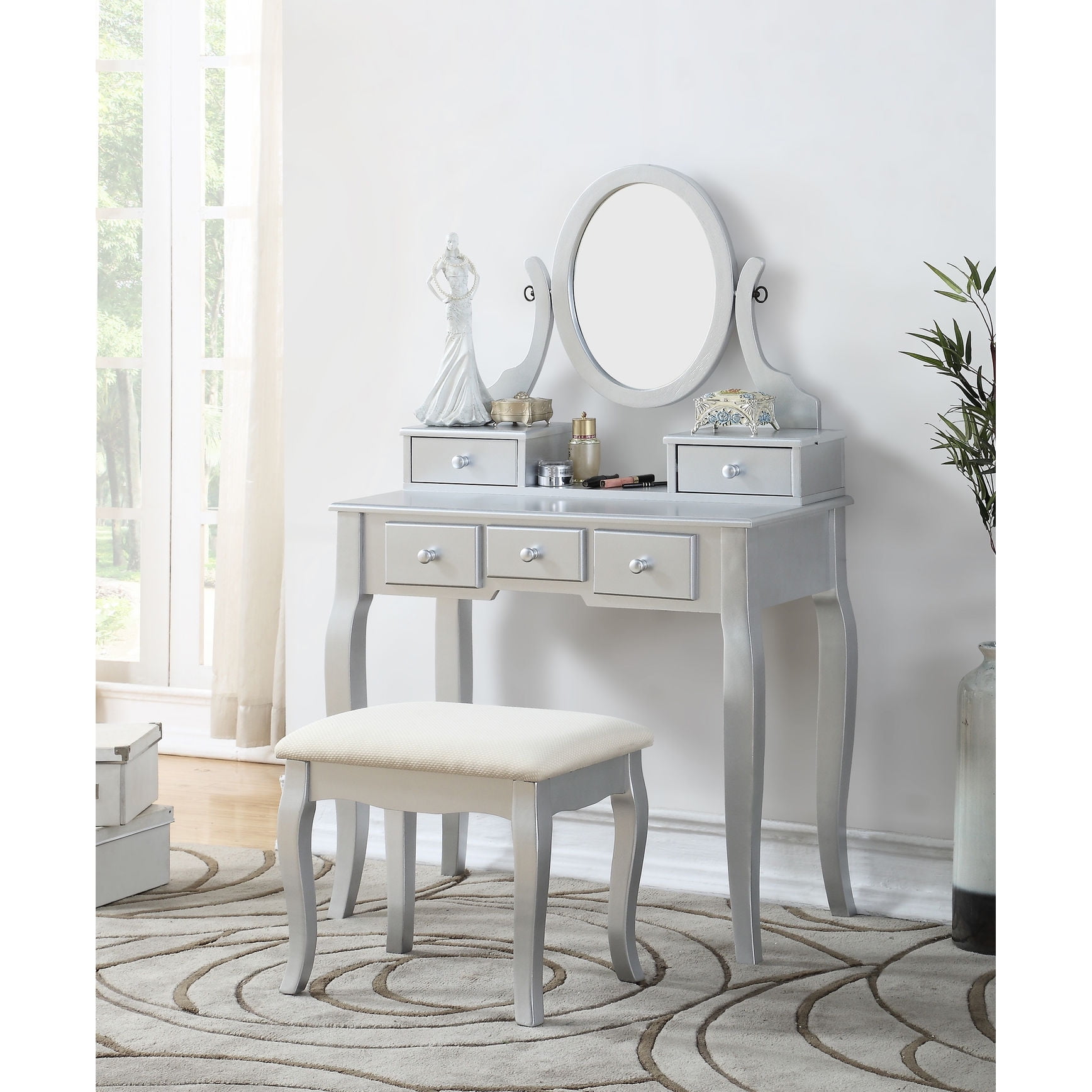 Silver Oval Frame Design - Ample Drawer Storage - Bedroom Makeup ...