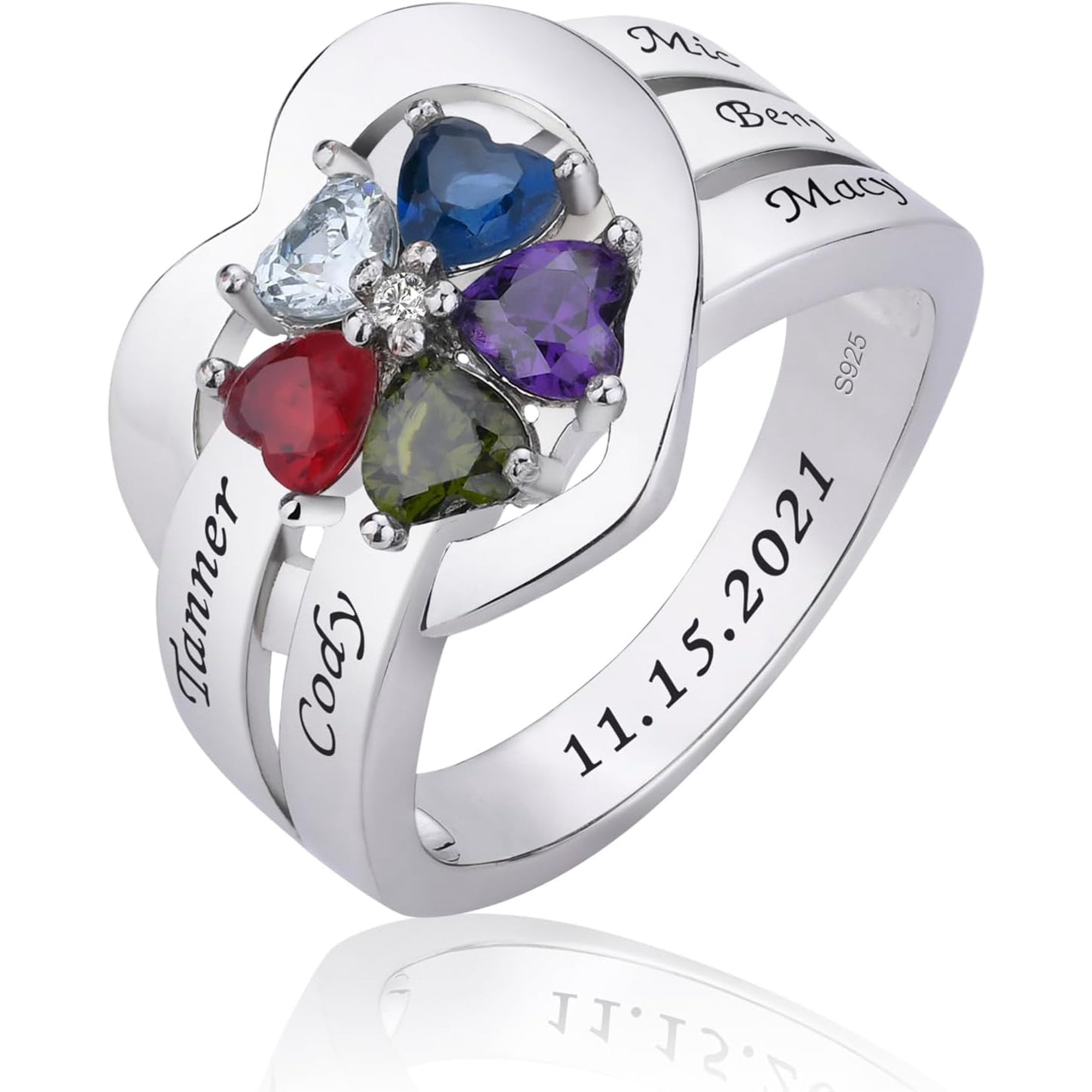 Silver Personalized Mothers Ring Engraved 1-8 Birthstones Names Rings Mother Jewelry Ring for ...