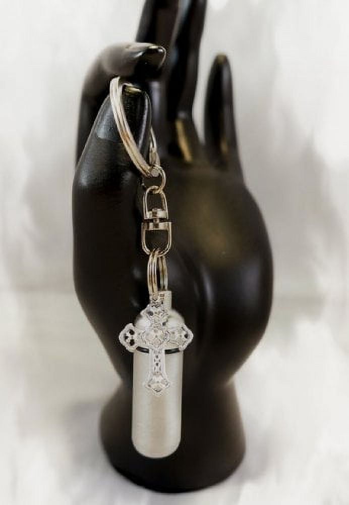 Silver Pill Holder with Silver Filigree Cross on Swivel Stainless Steel ...