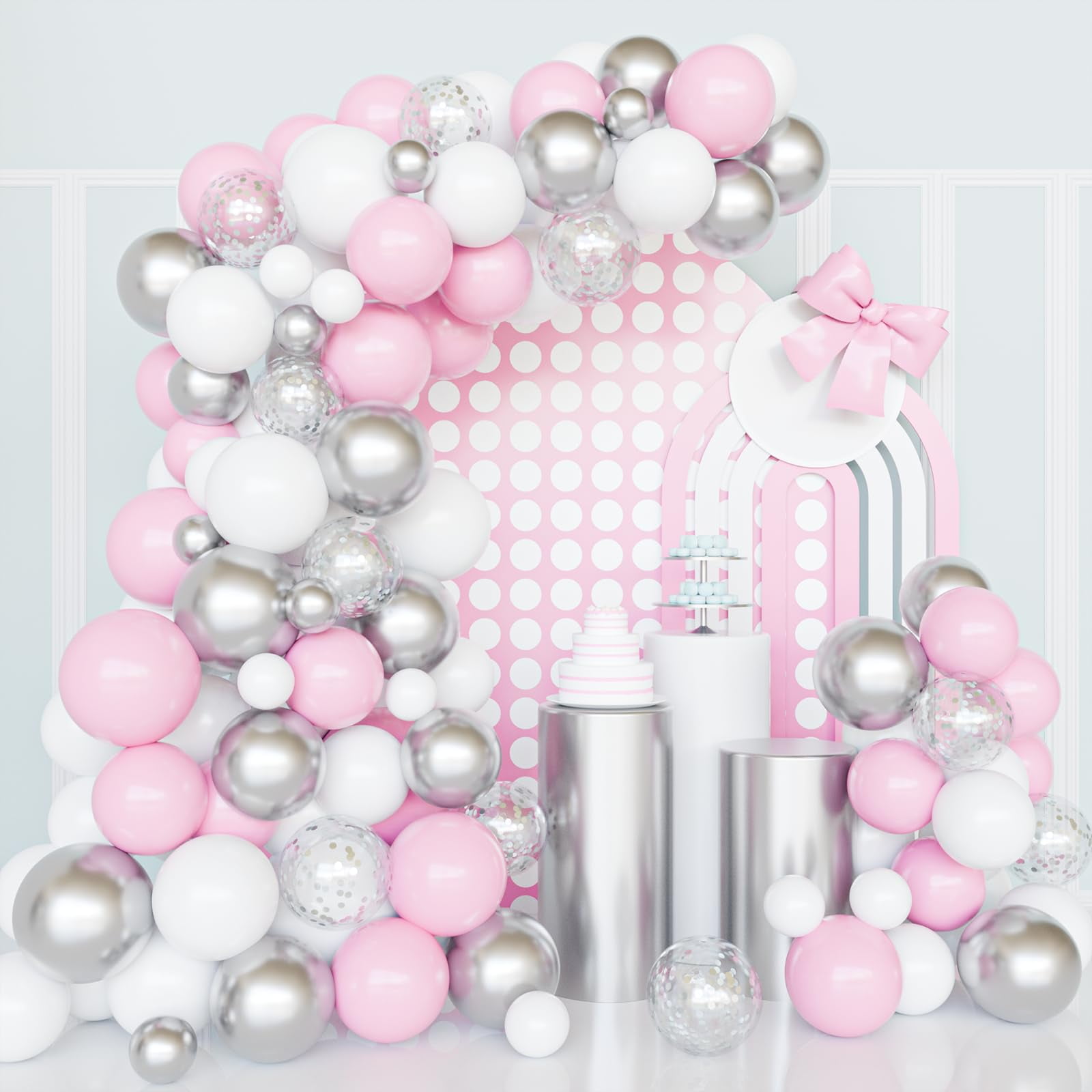 Silver Pink Balloons GarlIFF17 Kit, 100pcs White Silver Metallic Latex ...