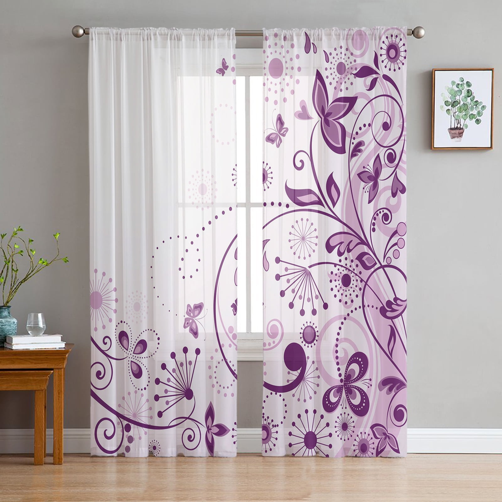 Silver Plant Flower Tulle Sheer Window Curtains for Living Room Kitchen ...