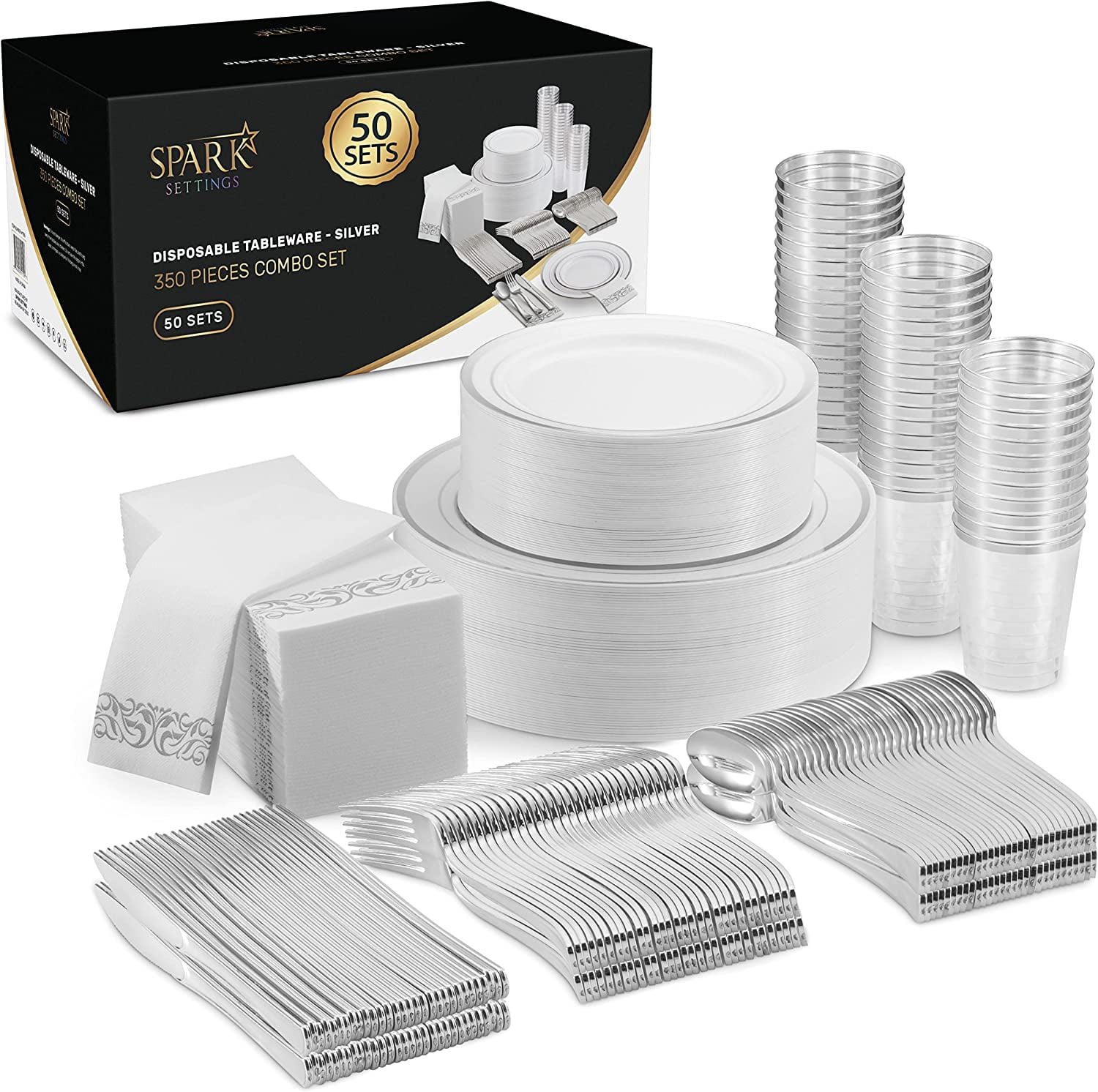 Silver Plastic Dinnerware Set - 350 PC for 50 Guests, 100 Party Plates ...