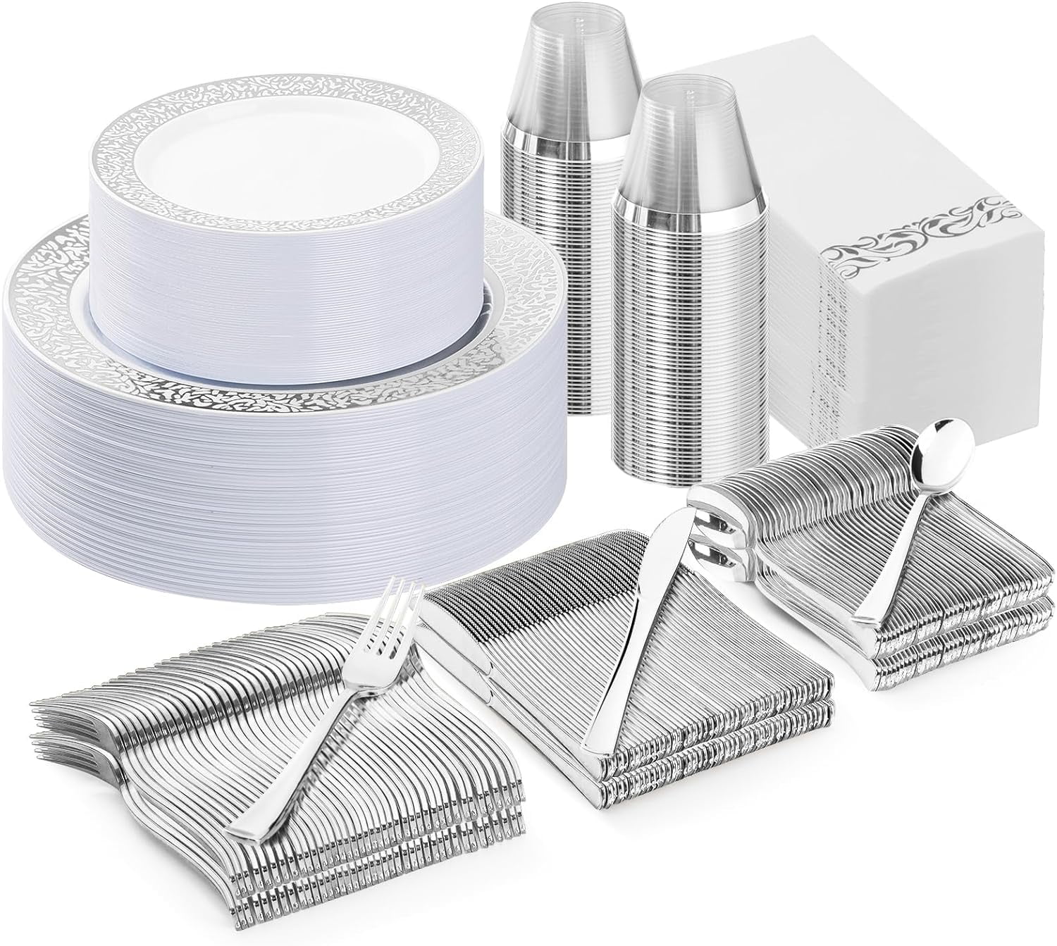 Silver Plastic Dinnerware Set for 50 Guests, Disposable Plates ...