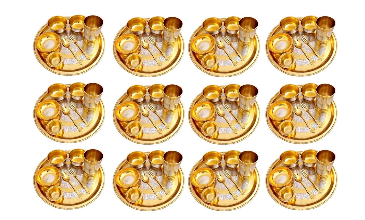 Silver Plated Brass 8 Pieces Engraved Designer Dinner Thali Set ...