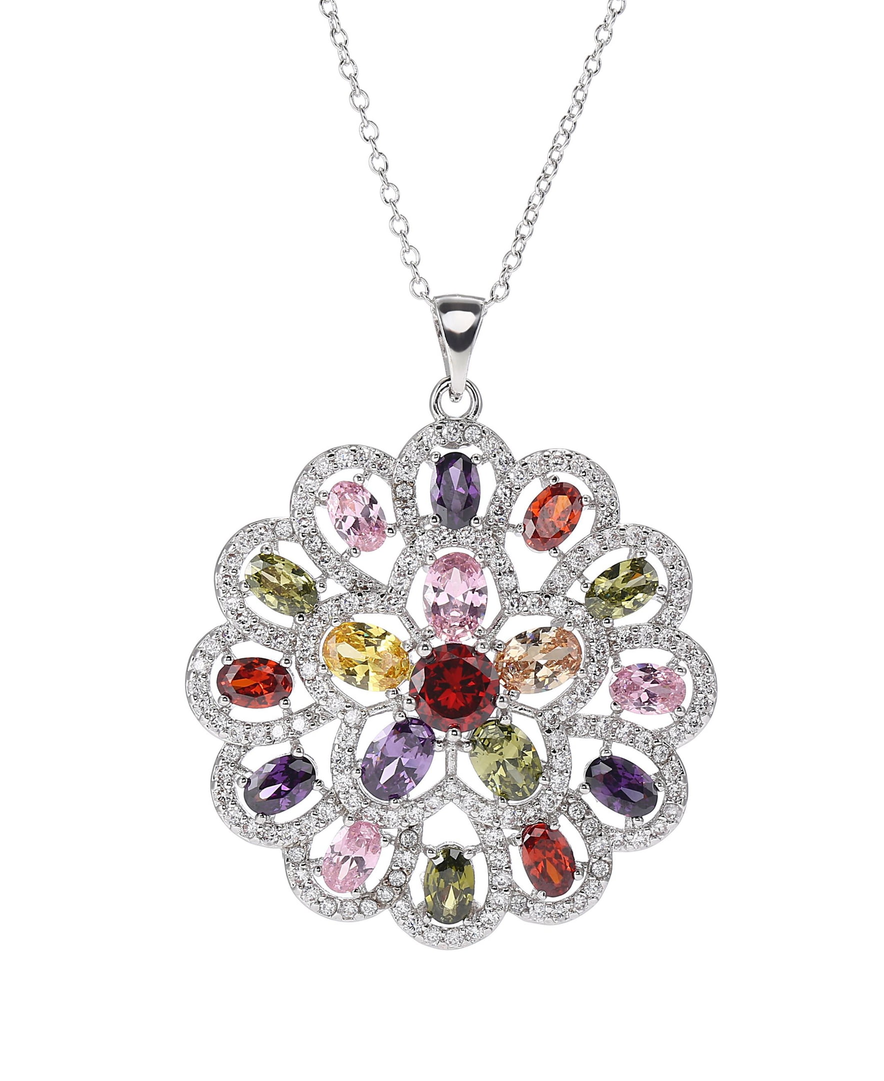 Silver Plated Floral Rainbow CZ 1.6 Inch Cluster Pendant, 18 Inch with ...