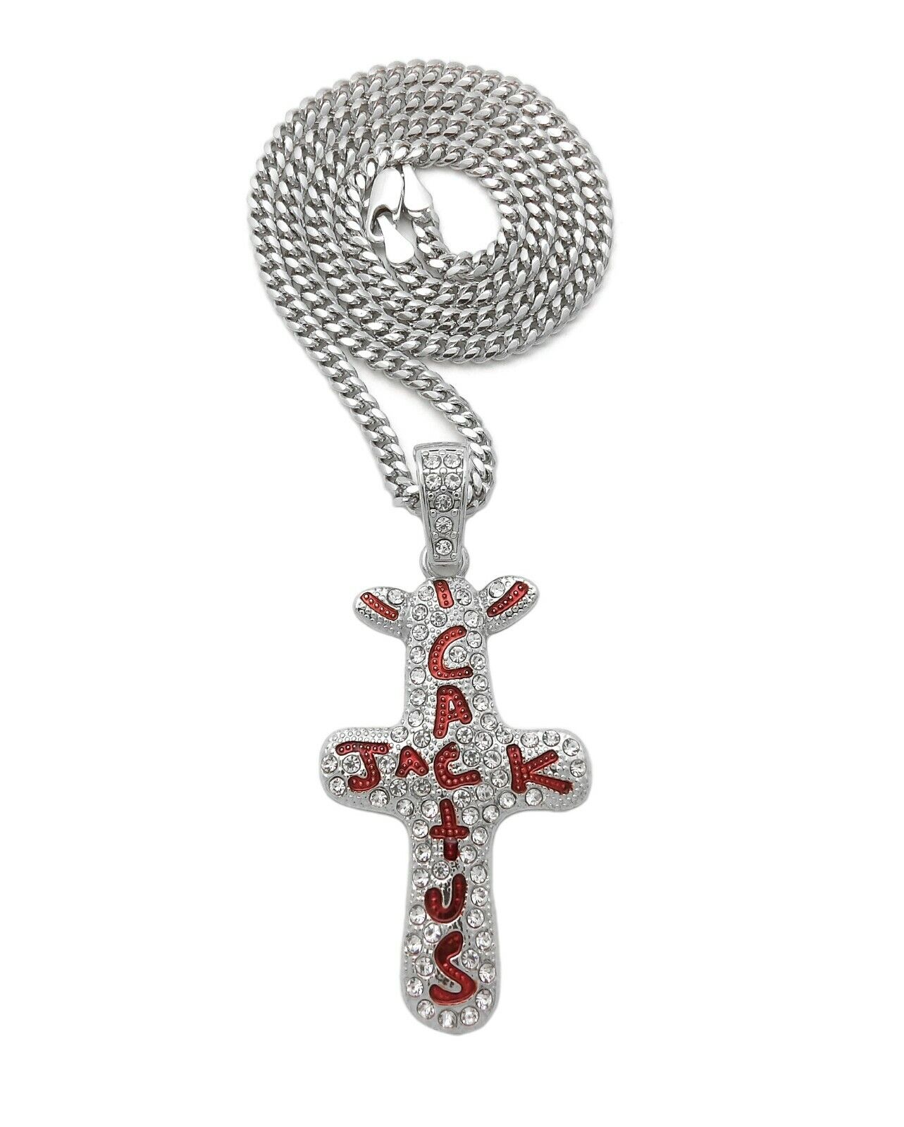 Silver Plated Iced Cactus Cross & 4mm 24" Brass Cuban Chain Hip Hop ...