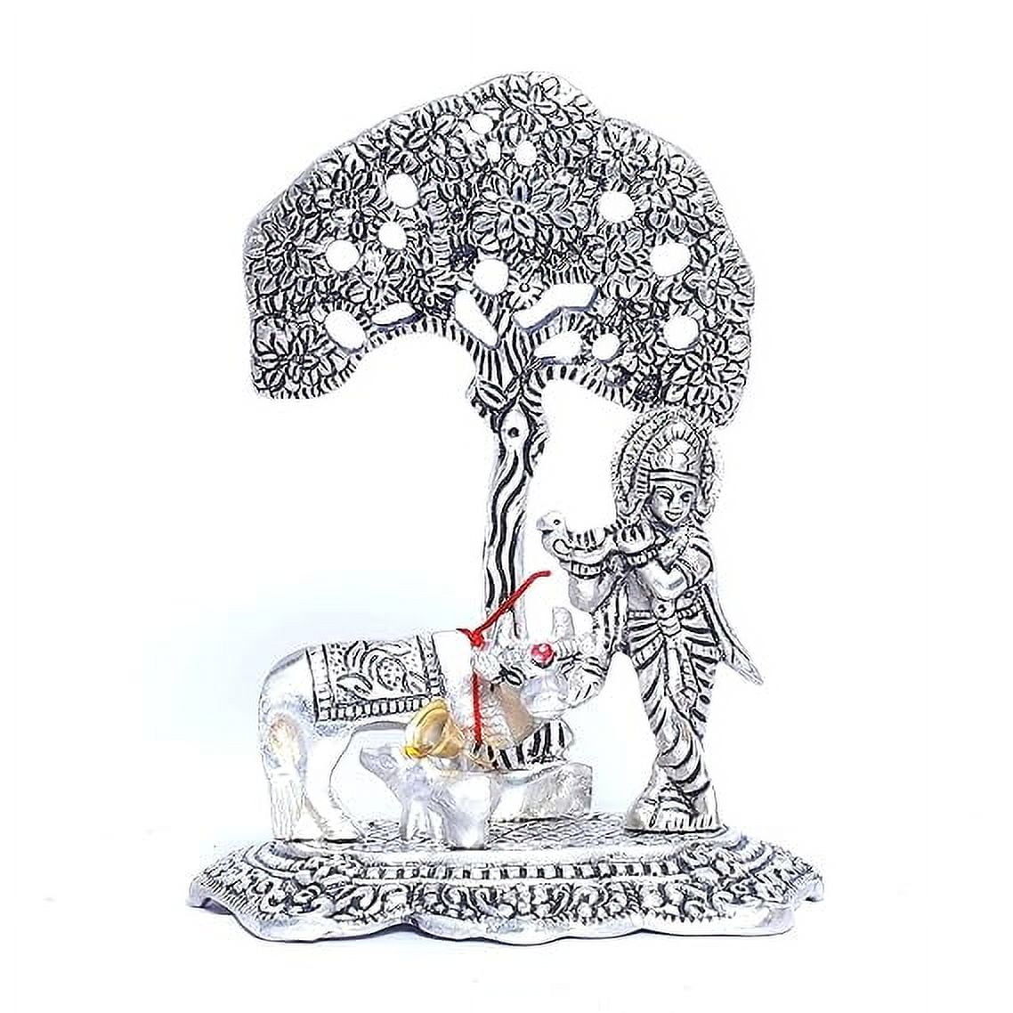 Silver Plated Kamdhenu Cow with Krishna Standing Under Tree Plying ...