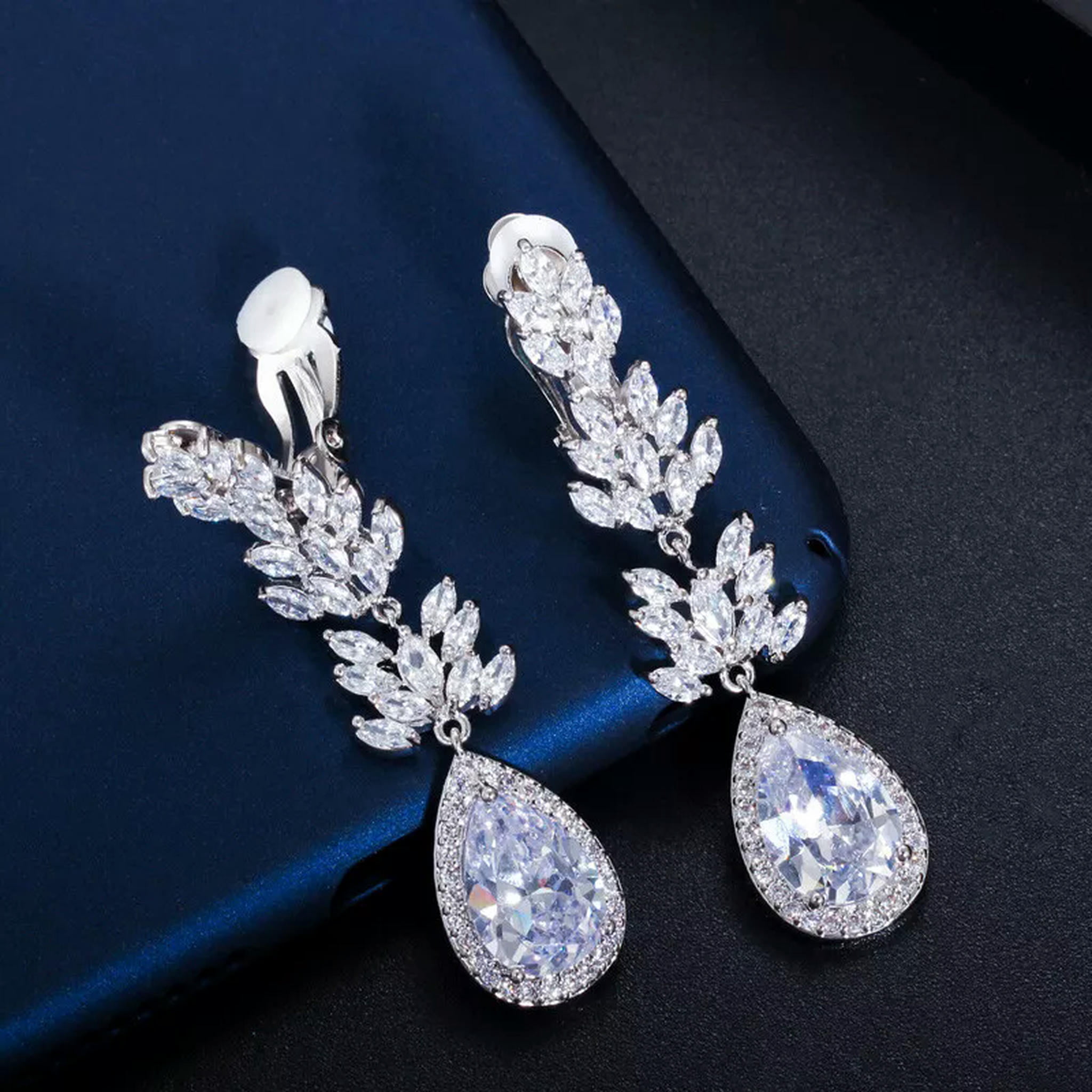Silver Plated No Hole Design Long Drop CZ Clip On Earrings for Non ...