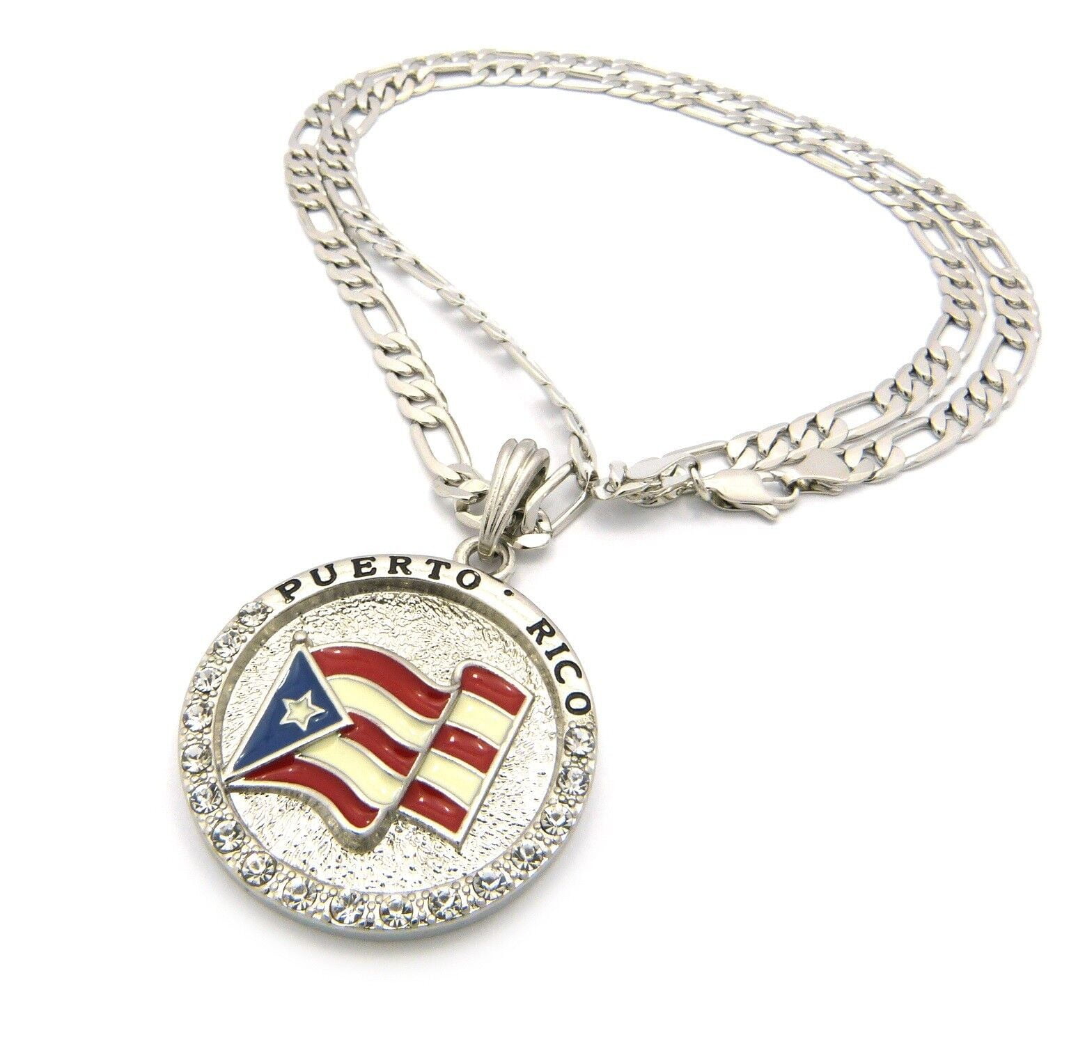 Silver Plated PUERTO RICO PR Flag Medal Pendant 5mm 24" Figaro Chain ...