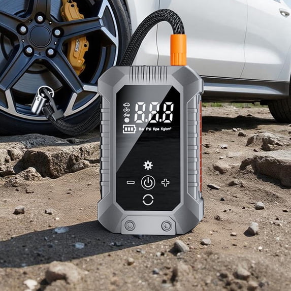 Silver Portable Car Pump - Digital Pressure Gauge, Small Inflator with ...