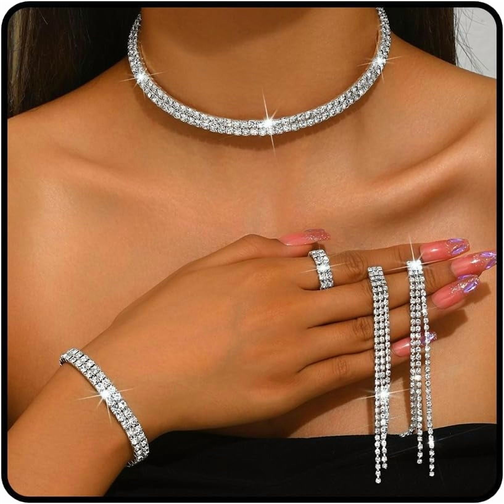 Silver Prom Jewelry Set for Women Silver Wedding Necklace Bracelet and ...