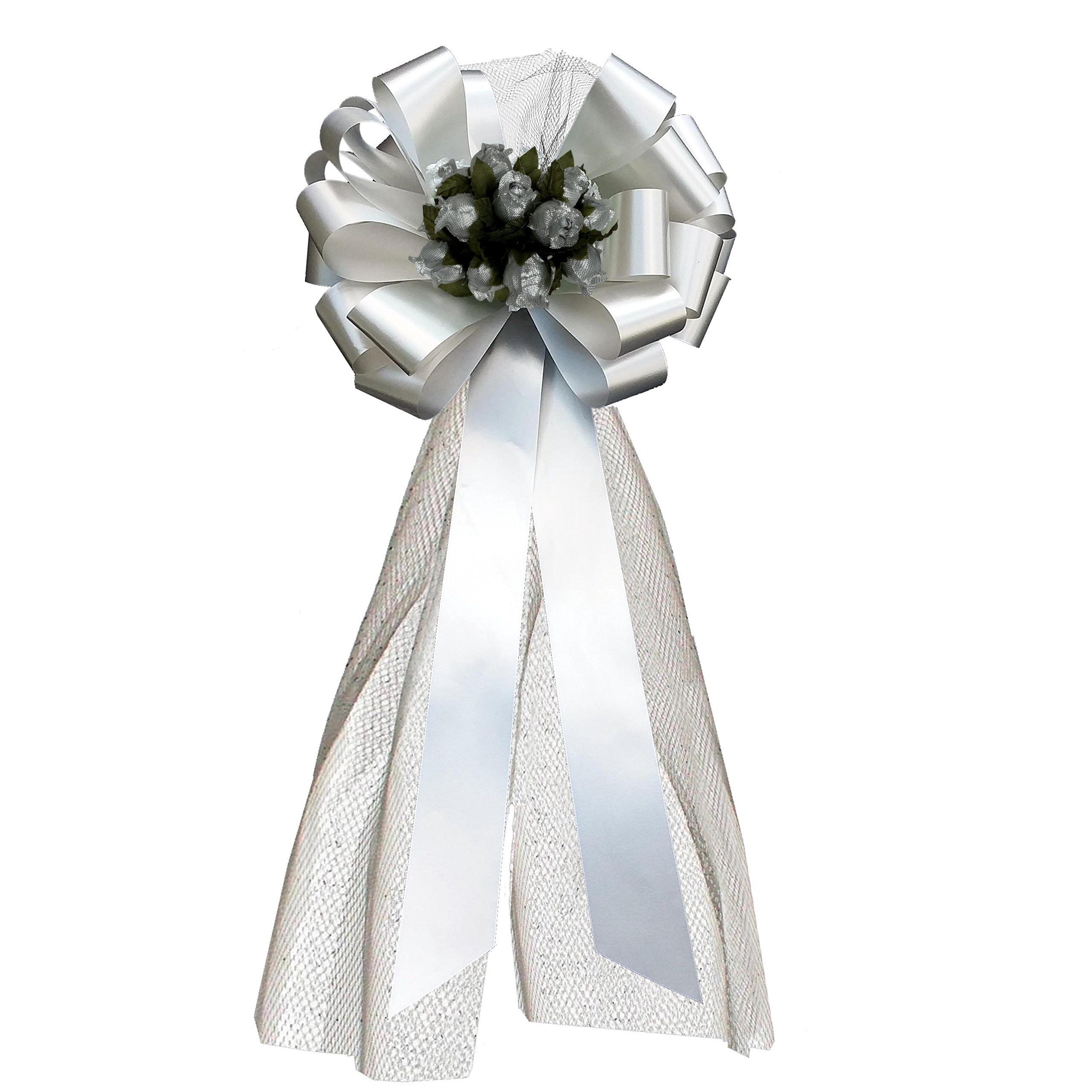 Silver Pull Bows with Tulle Tails & Rosebuds - 8" Wide, Set of 6 ...