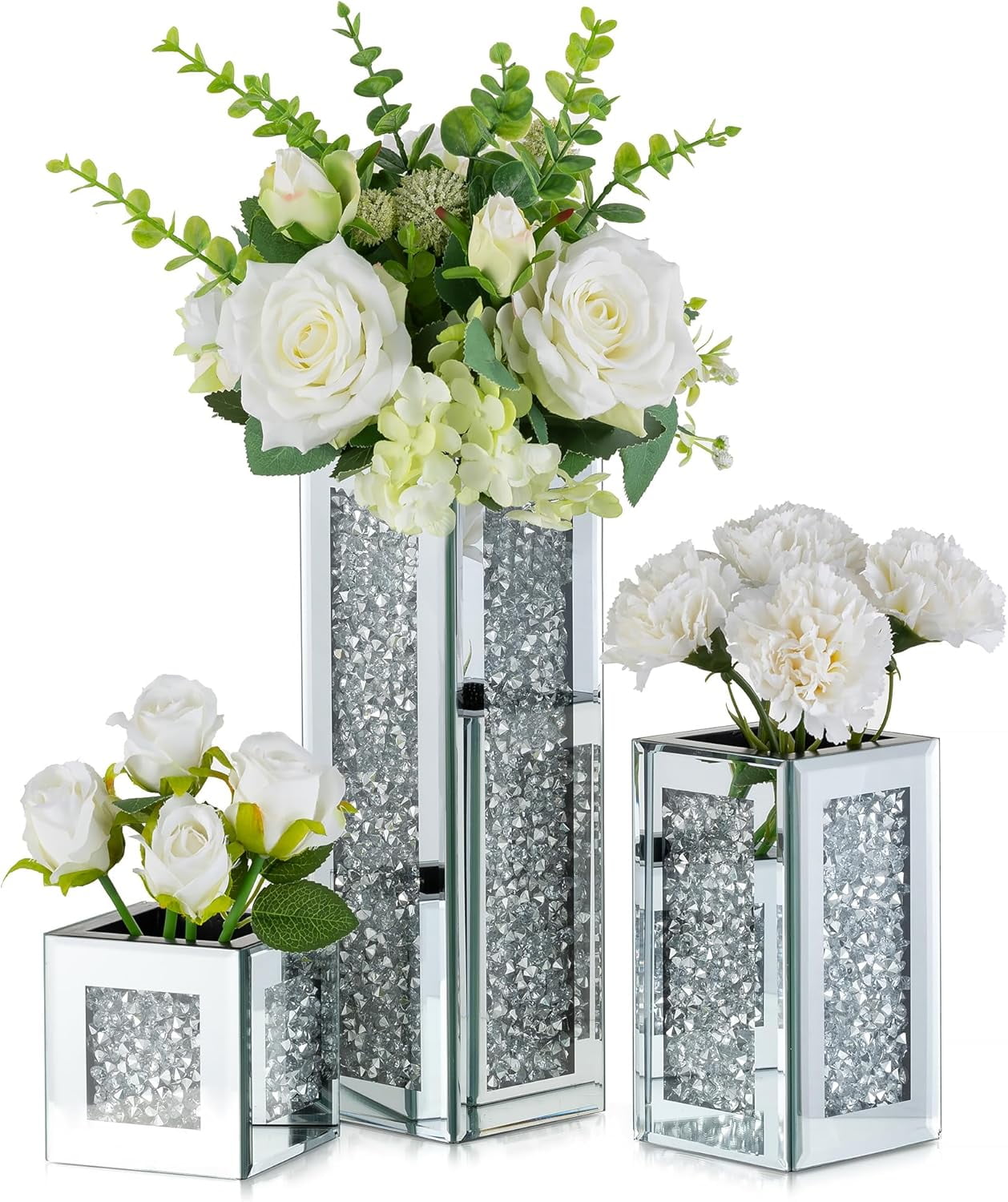 Silver Rectangle Glass Vases for Decor: Tall Crushed Diamond Mirror ...