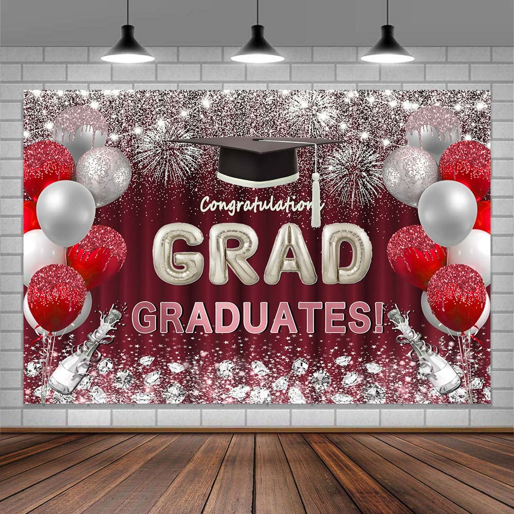 Silver Red Graduation Backdrop, Sparkling Balloon Fireworks Bachelor ...