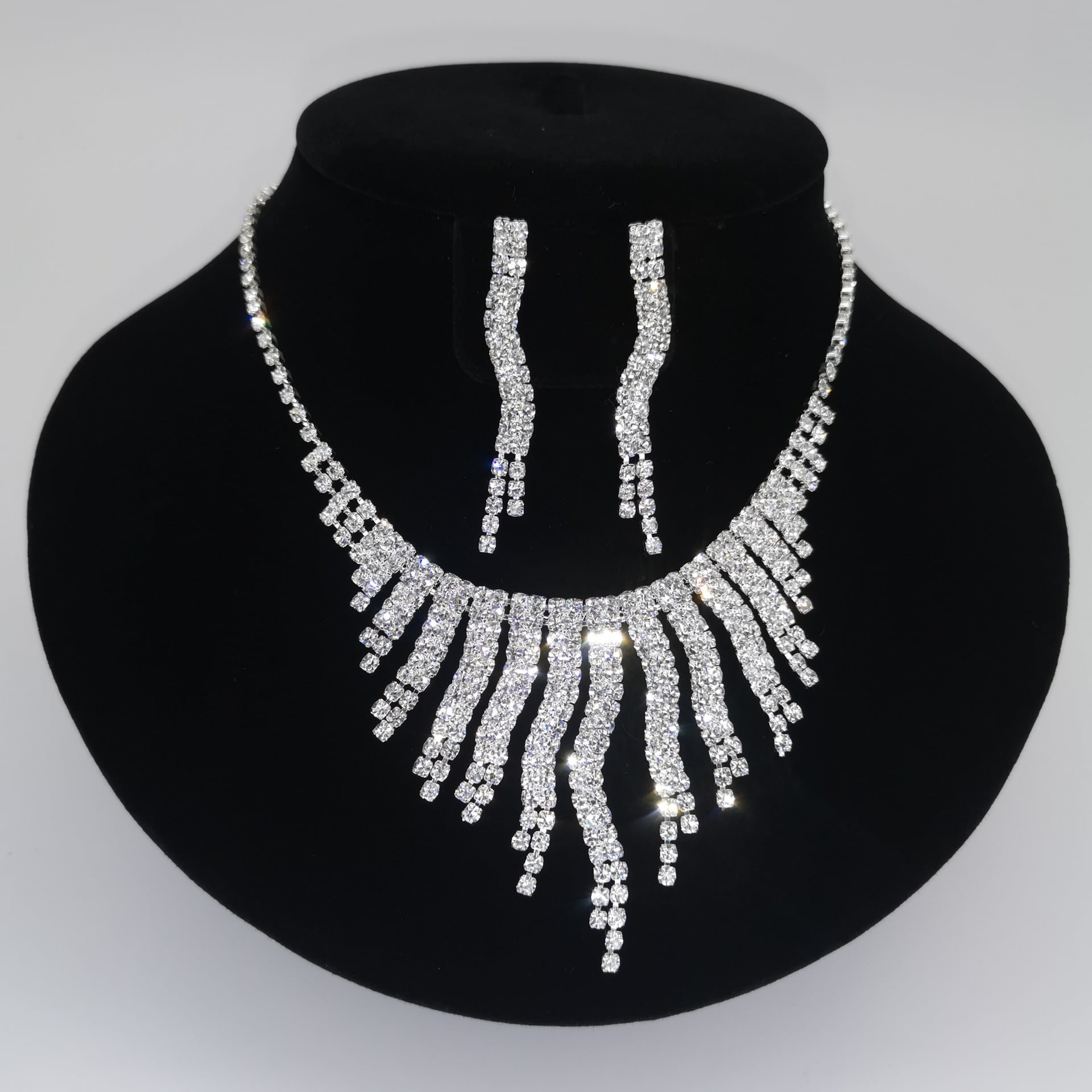 Silver Rhinestone Bridal Wedding Jewelry Set Crystal Necklace Earrings