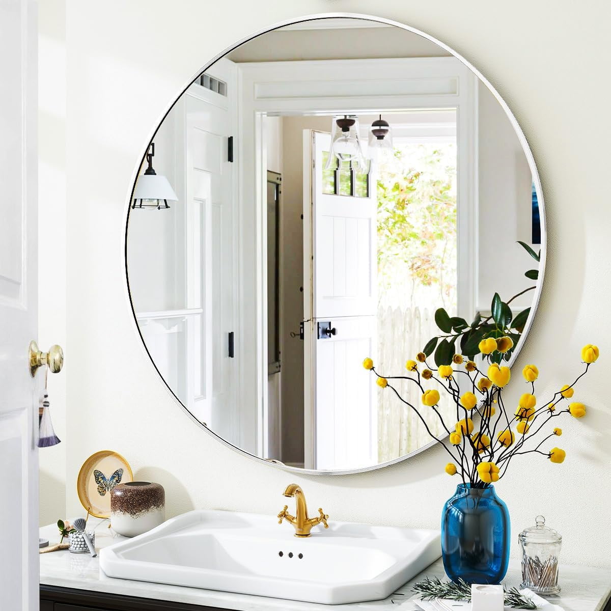 Silver Round Bathroom Mirror, 24 inch Circle Wall Mounted Hanging ...