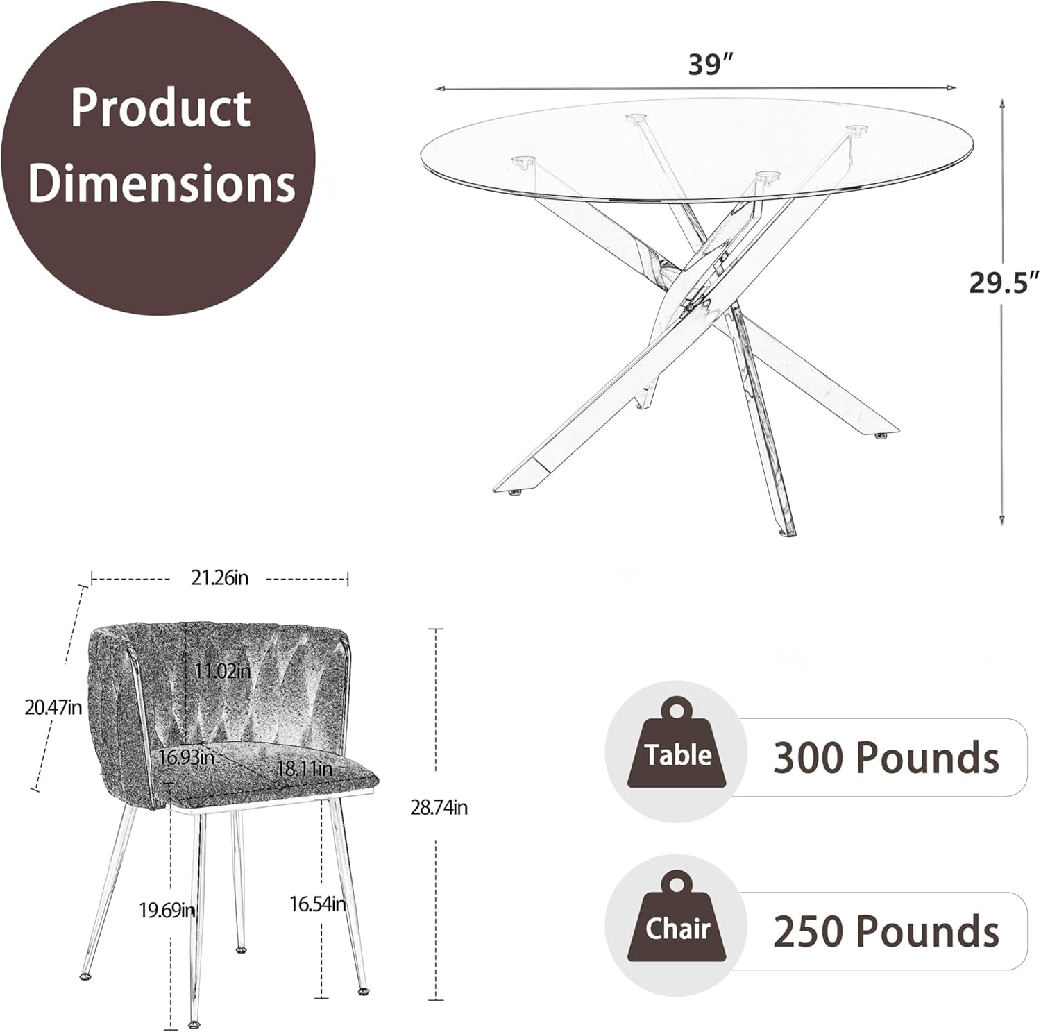 Silver Round Glass Dining Table Set for 4, Tempered Glass Top with ...